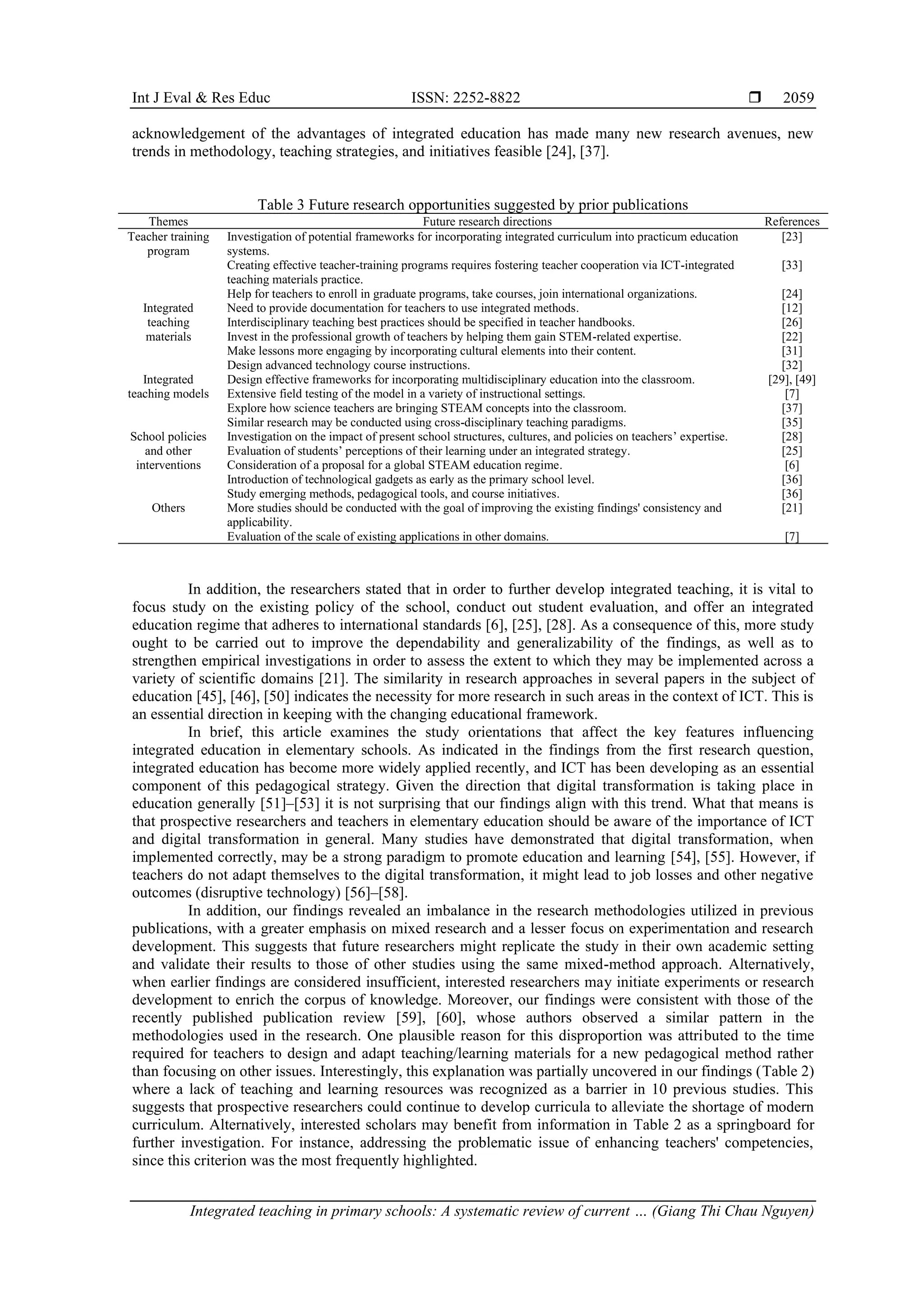 Integrated teaching in primary schools: A systematic review of current ...