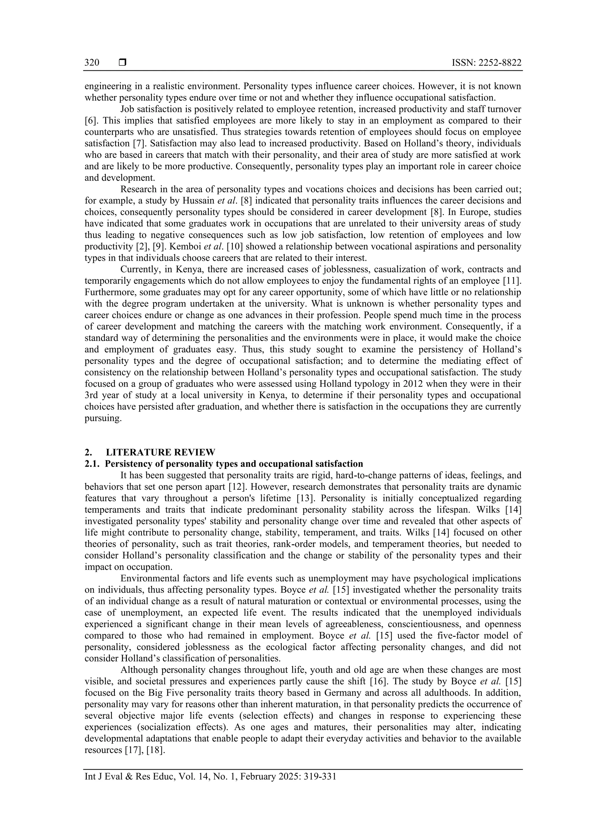 Personality types persistency, occupational consistency, and ...