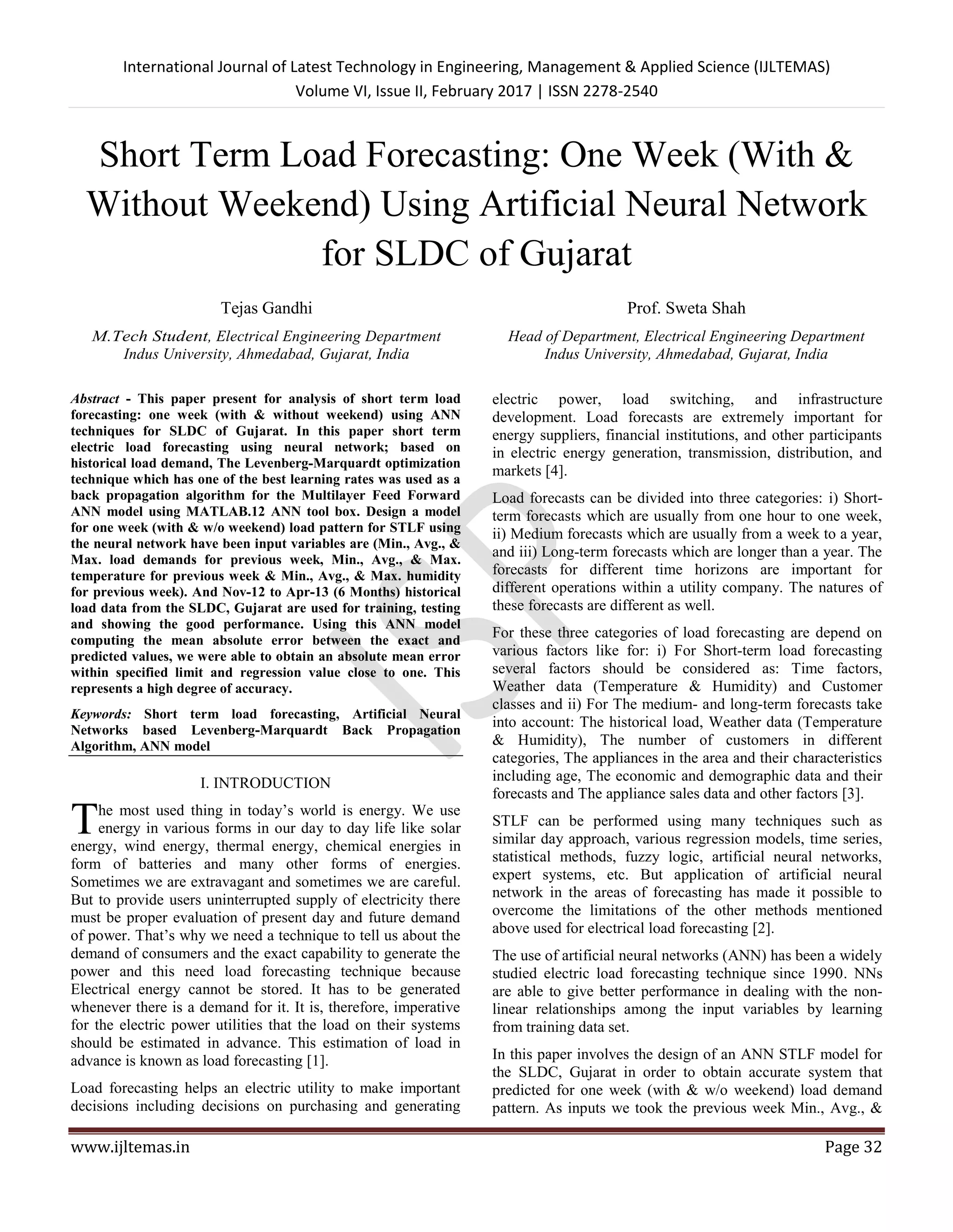 Short Term Load Forecasting One Week With And Without Weekend Using