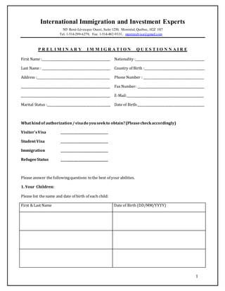 Preliminary Immigration Questionnaire | DOCX