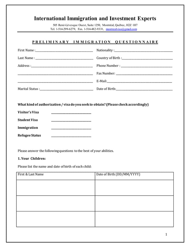 Preliminary Immigration Questionnaire | DOCX