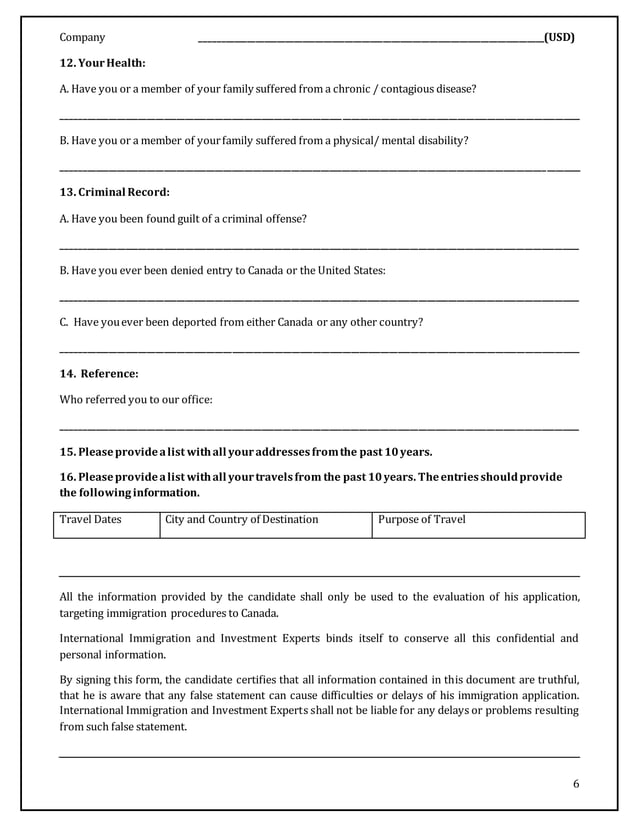 Preliminary Immigration Questionnaire | DOCX