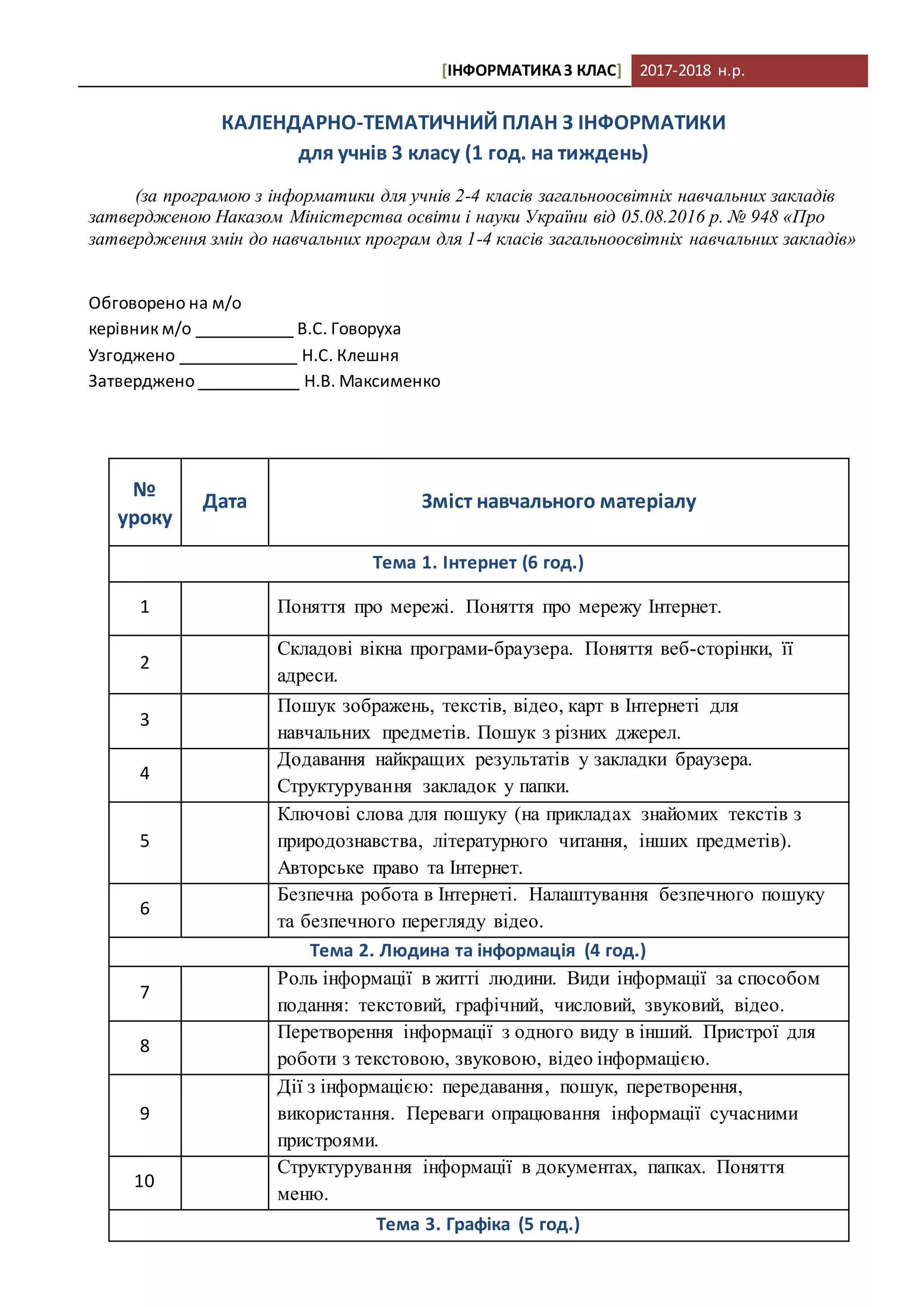 календарне планування з інформатики 3 клас 2017 18 Pdf