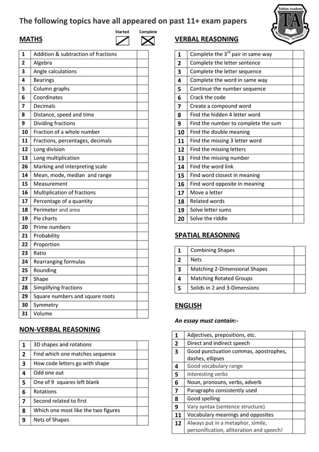 11+ Coverage Tick Sheet | PDF