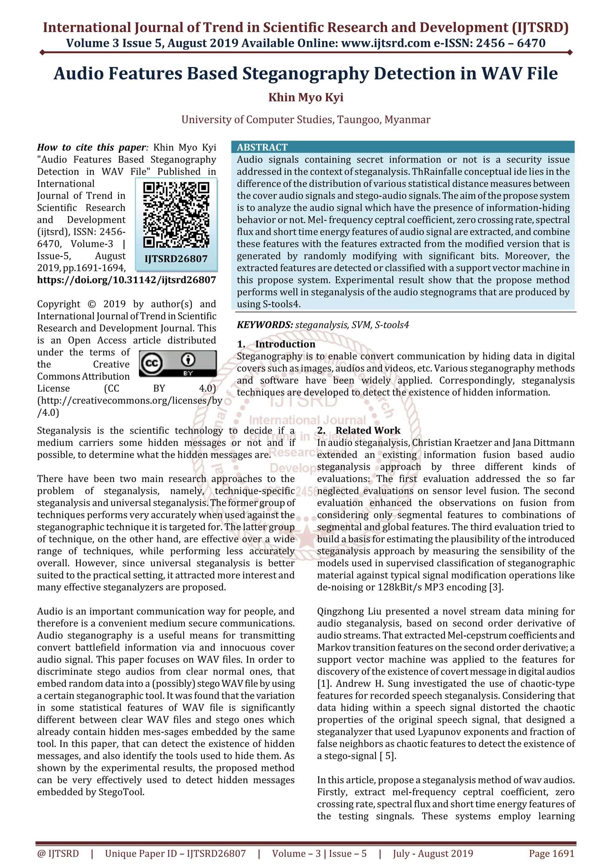 Audio Features Based Steganography Detection In Wav File Pdf Digital Audio Computer