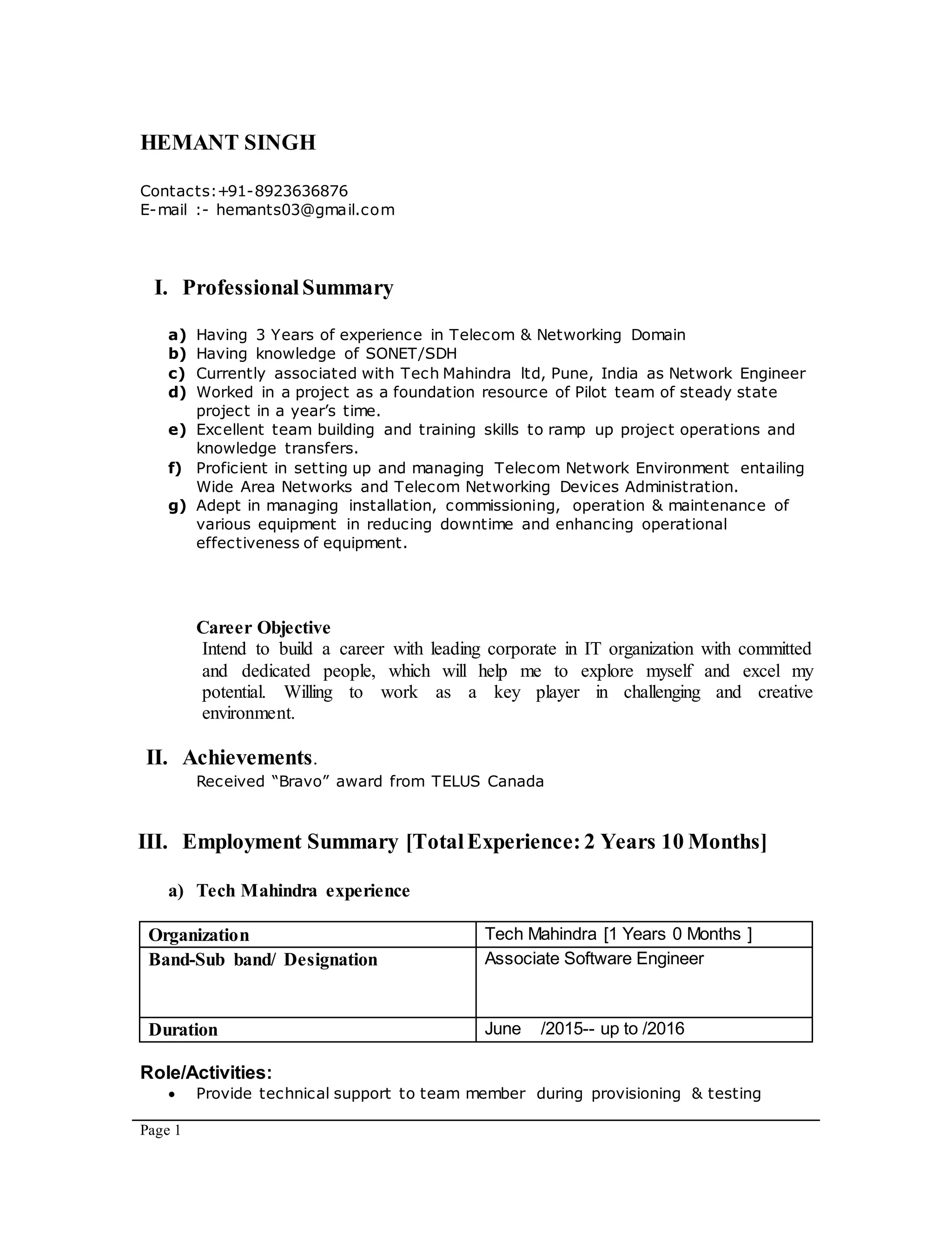 CV-HEMANT | DOCX | Computer Networking | Computing