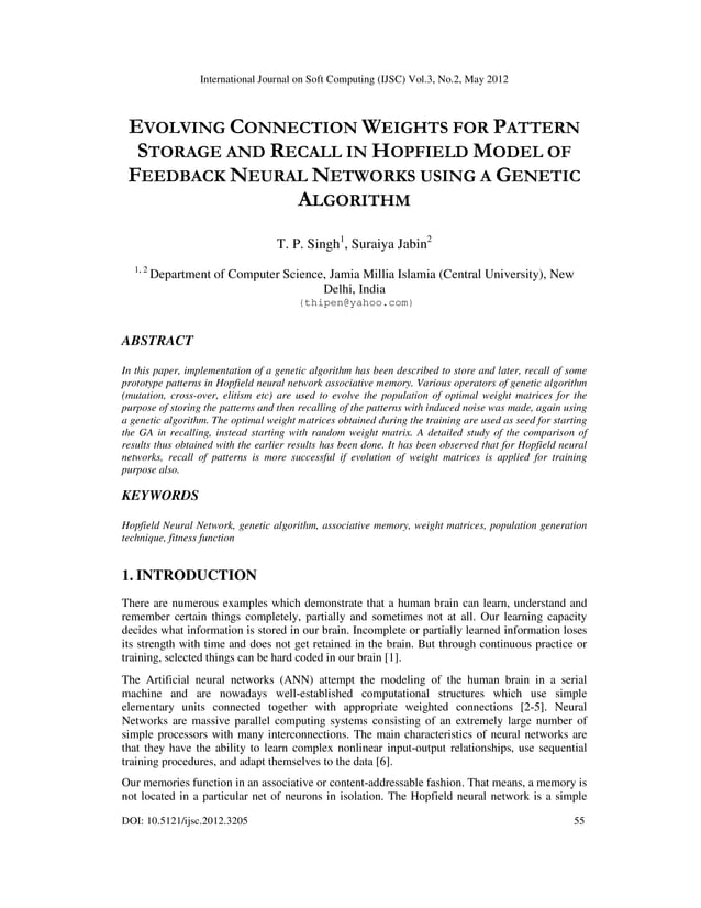 Evolving Connection Weights For Pattern Storage And Recall In Hopfield Model Of Feedback Neural 