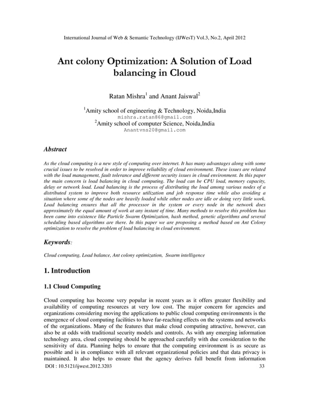 Ant colony Optimization: A Solution of Load balancing in Cloud | PDF