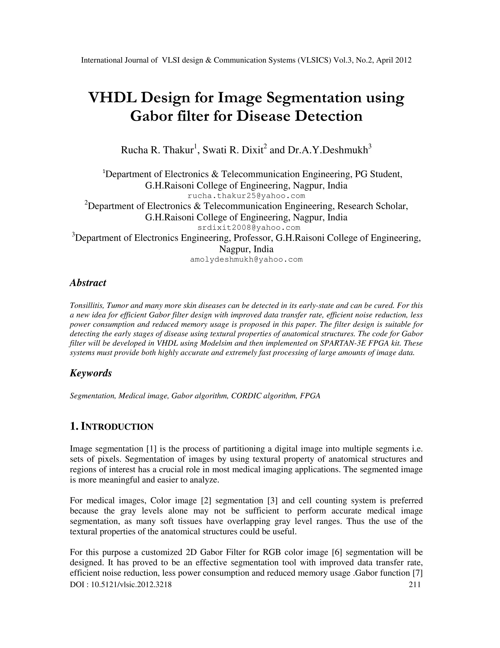VHDL Design for Image Segmentation using Gabor filter for Disease ...