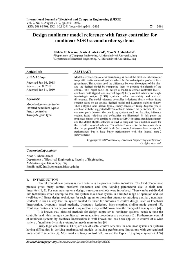 Design Nonlinear Model Reference with Fuzzy Controller for Nonlinear SISO Second Order Systems | PDF