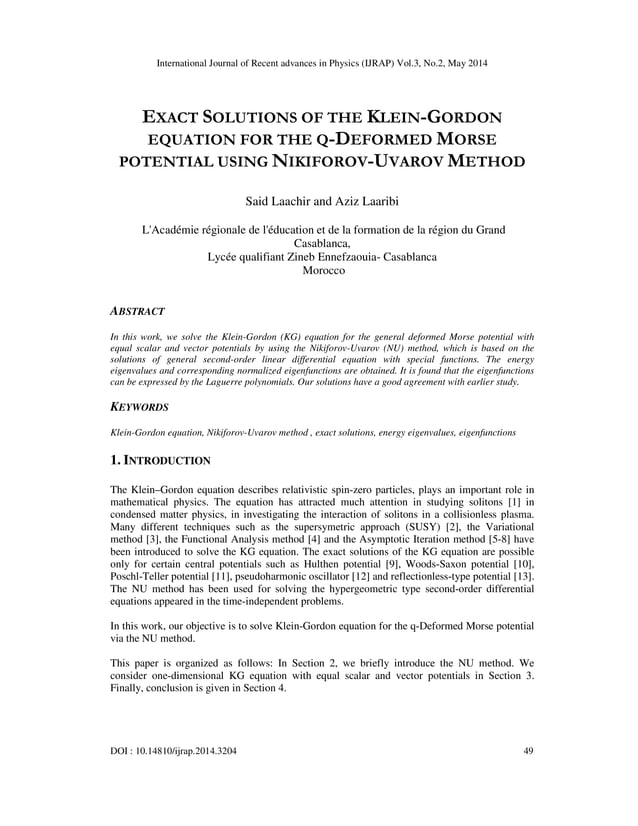 Exact Solutions of the Klein-Gordon Equation for the Q-Deformed Morse Potential using Nikiforov ...