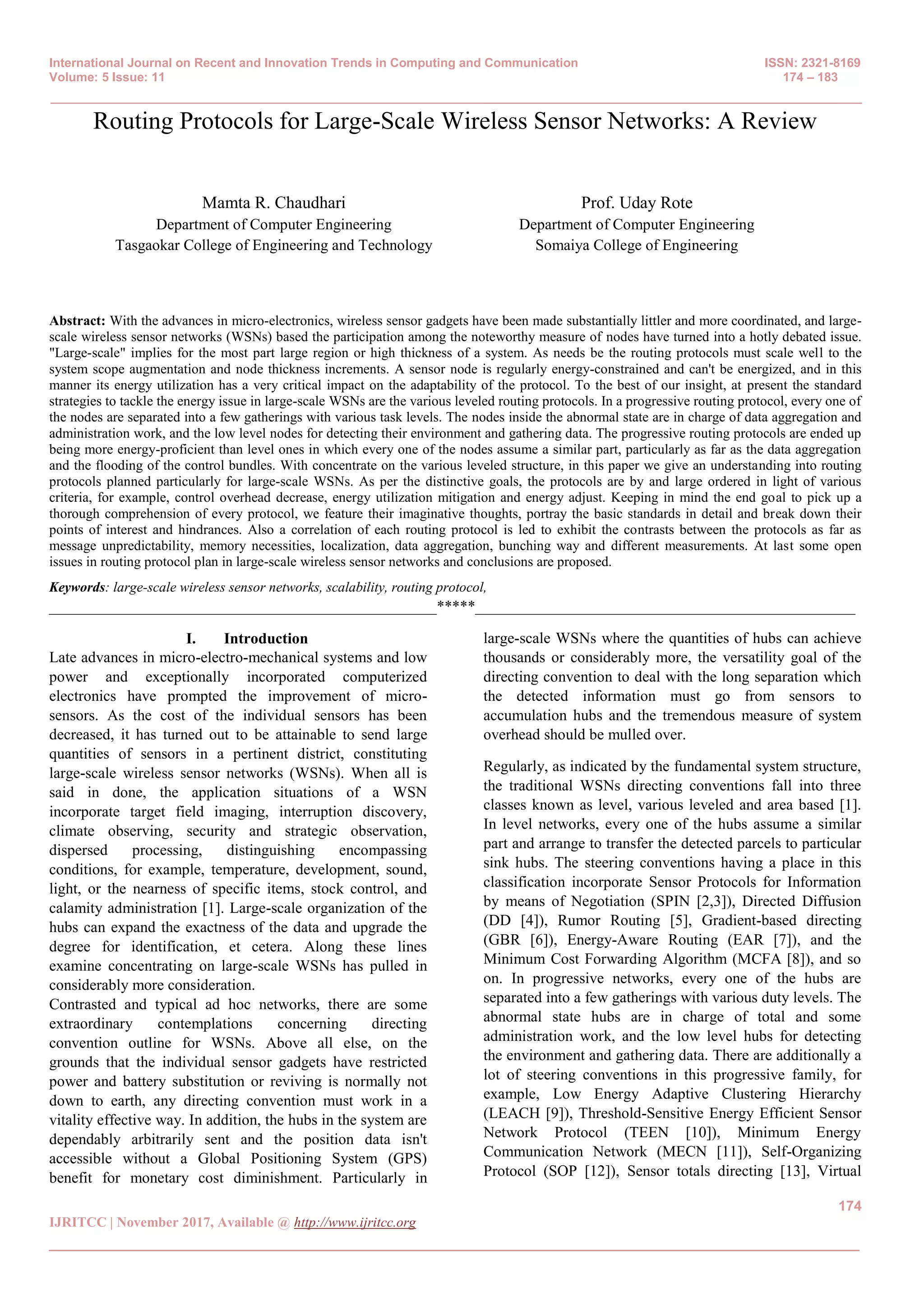 Routing Protocols for Large-Scale Wireless Sensor Networks: A Review | PDF