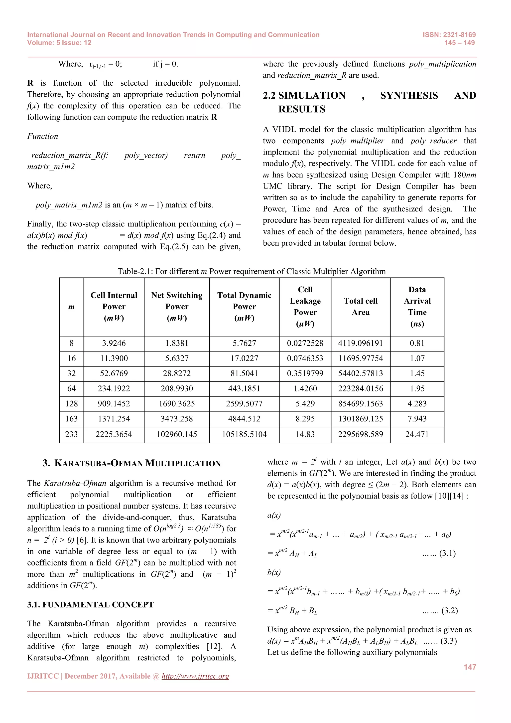 Analysis of GF (2m) Multiplication Algorithm: Classic Method v/s ...