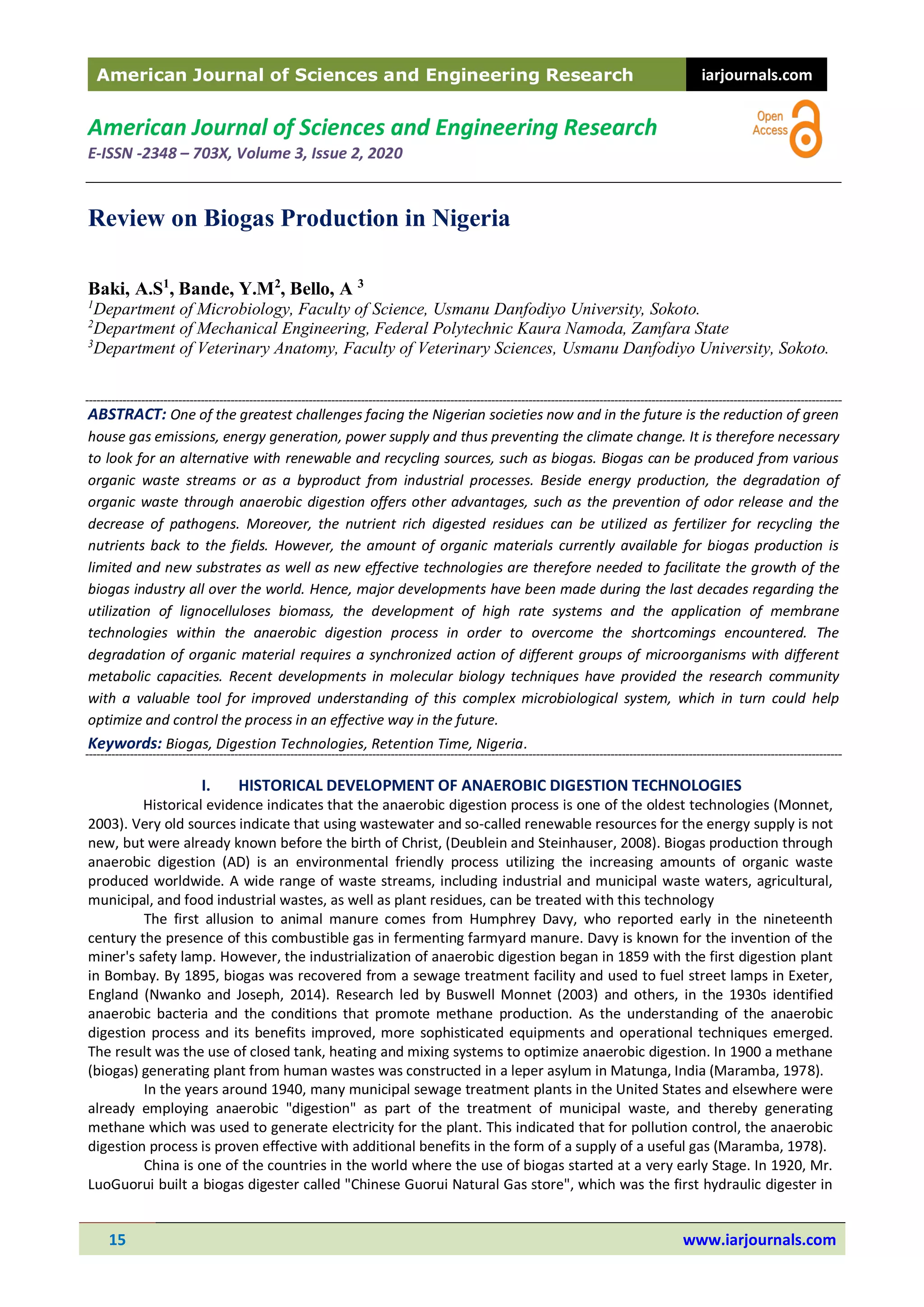 Review on Biogas Production in Nigeria | PDF