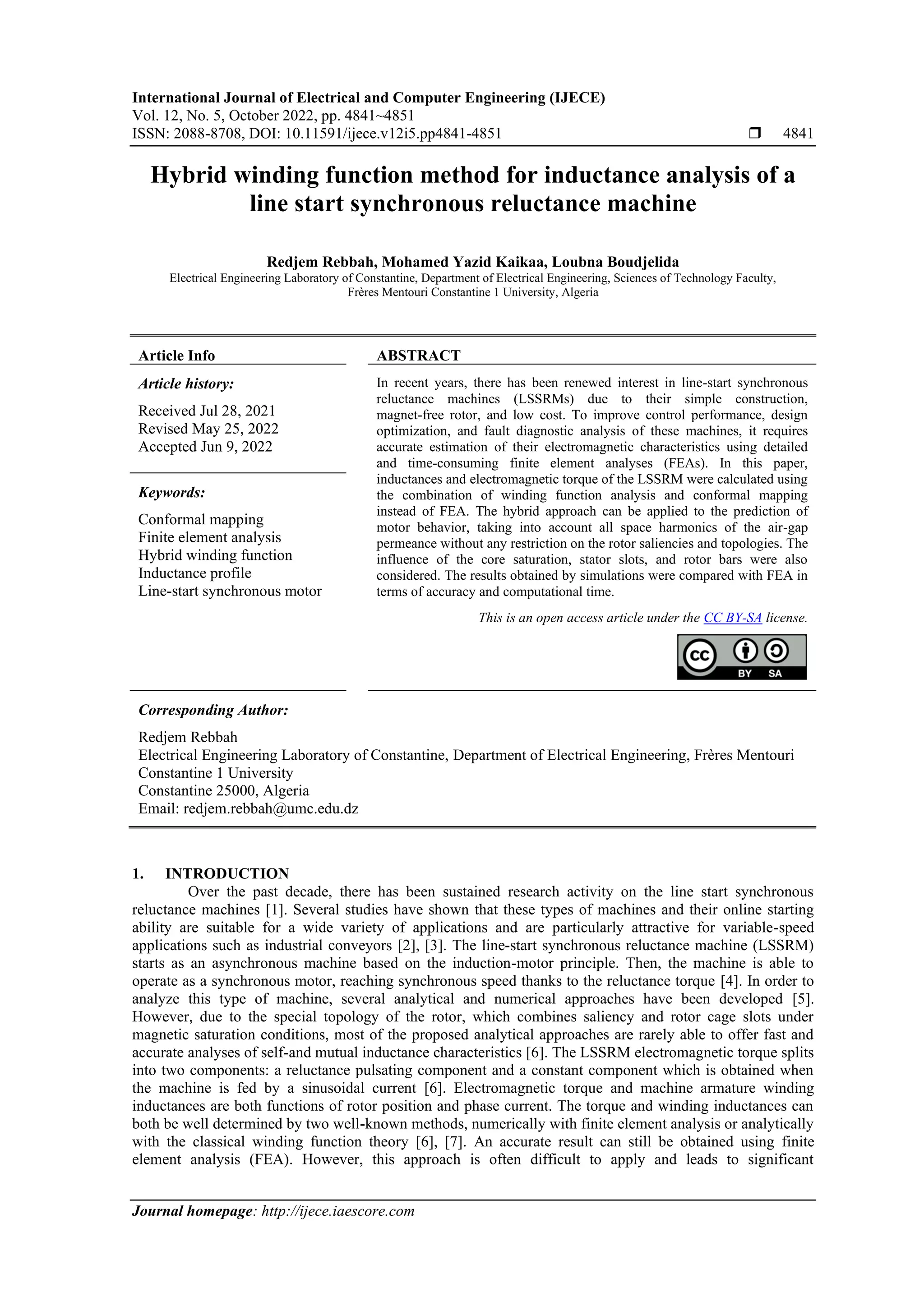 Hybrid Winding Function Method For Inductance Analysis Of A Line Start Synchronous Reluctance