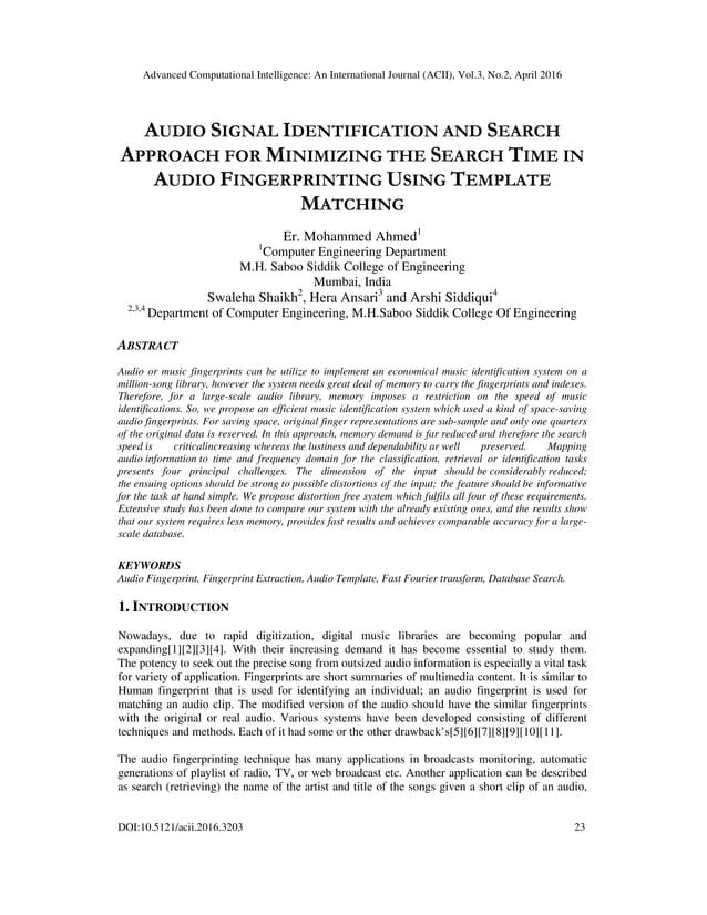 AUDIO SIGNAL IDENTIFICATION AND SEARCH APPROACH FOR MINIMIZING THE SEARCH TIME IN AUDIO ...