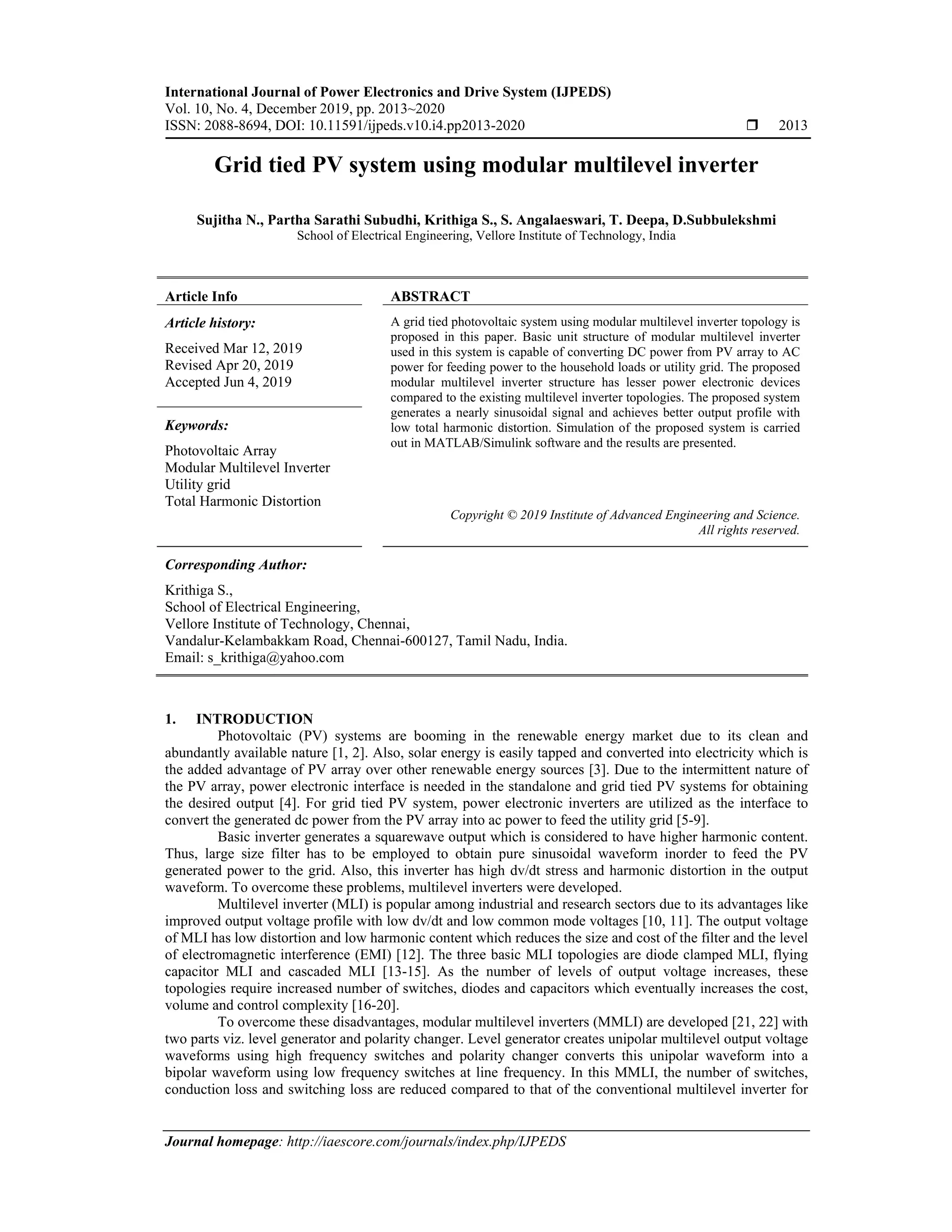 Grid tied PV System using modular multilevel inverter | PDF