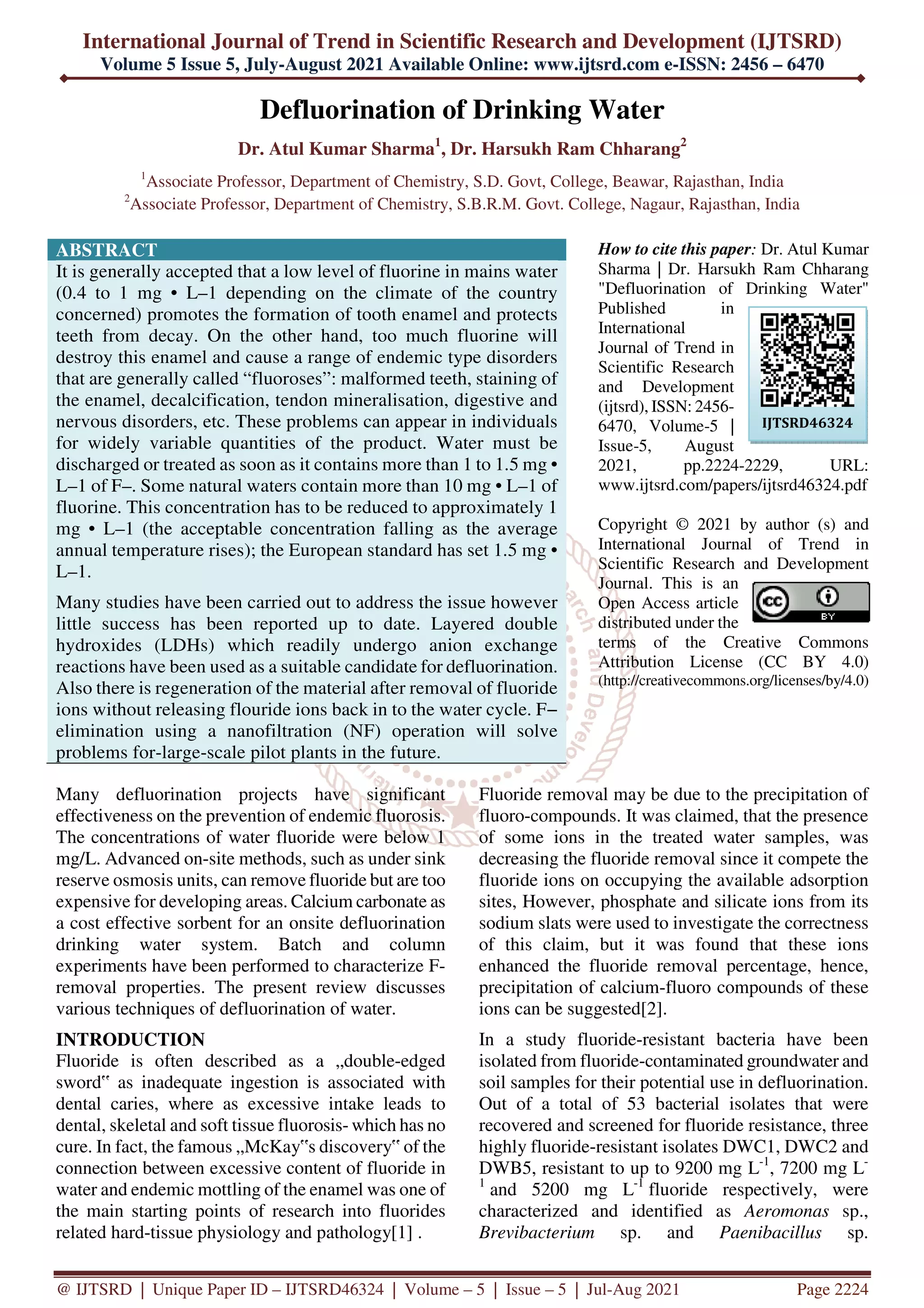 Defluorination of Drinking Water | PDF