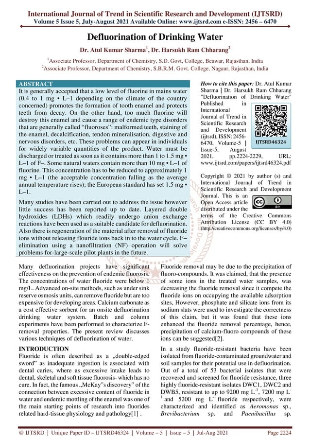 Defluorination of Drinking Water | PDF