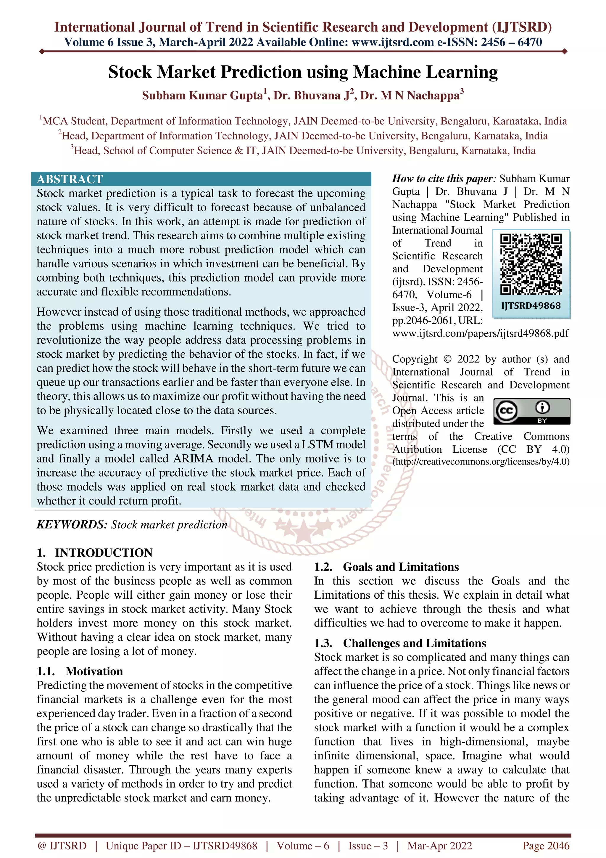 Stock Market Prediction using Machine Learning | PDF