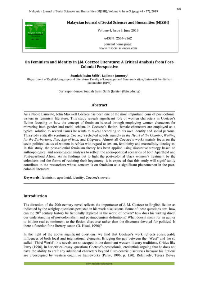 on-feminism-and-identity-in-jm-coetzee-l- foe | PDF