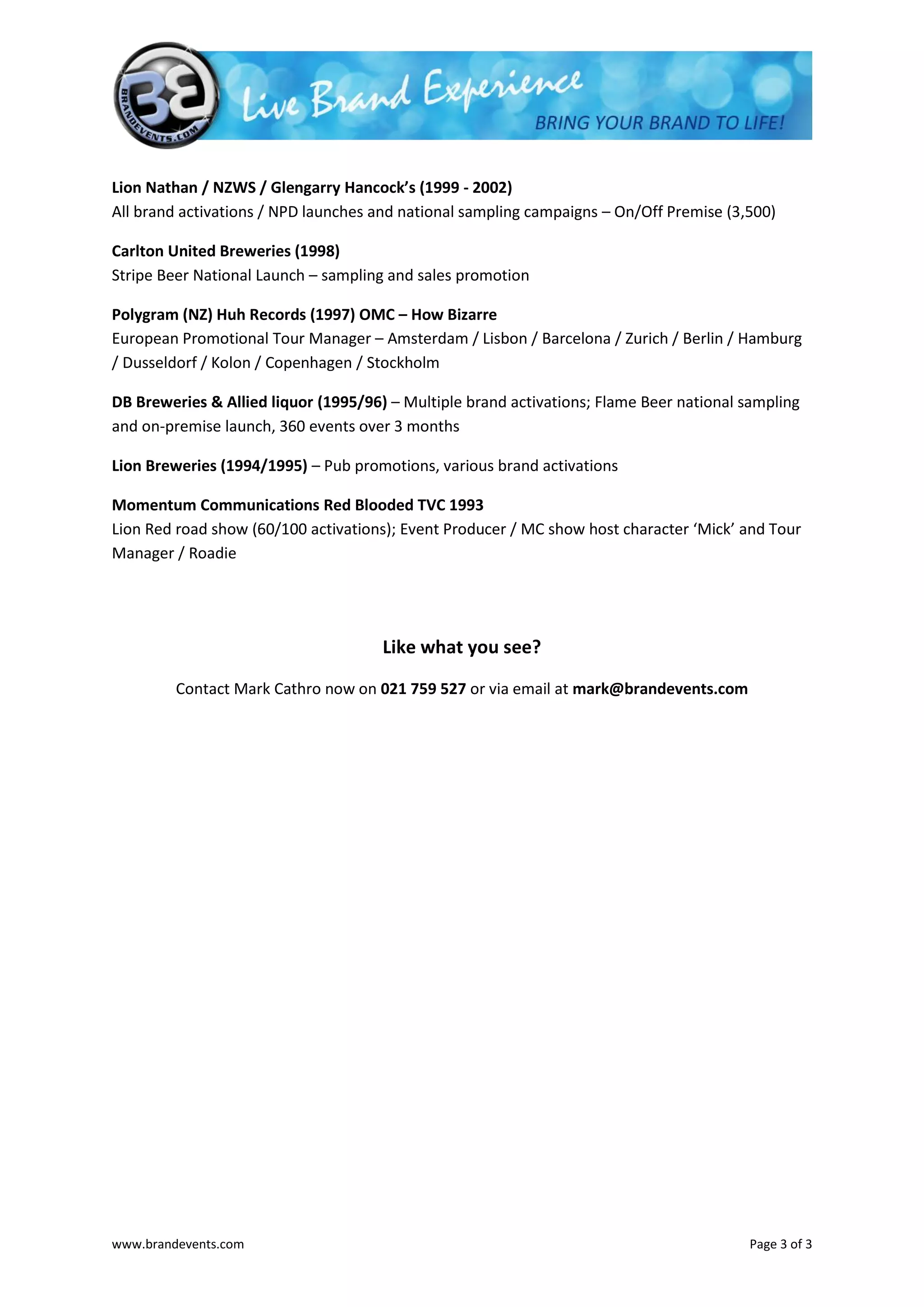 Career-Portfolio-Highlights-of-Mark-Cathro-Brand-Events | PDF