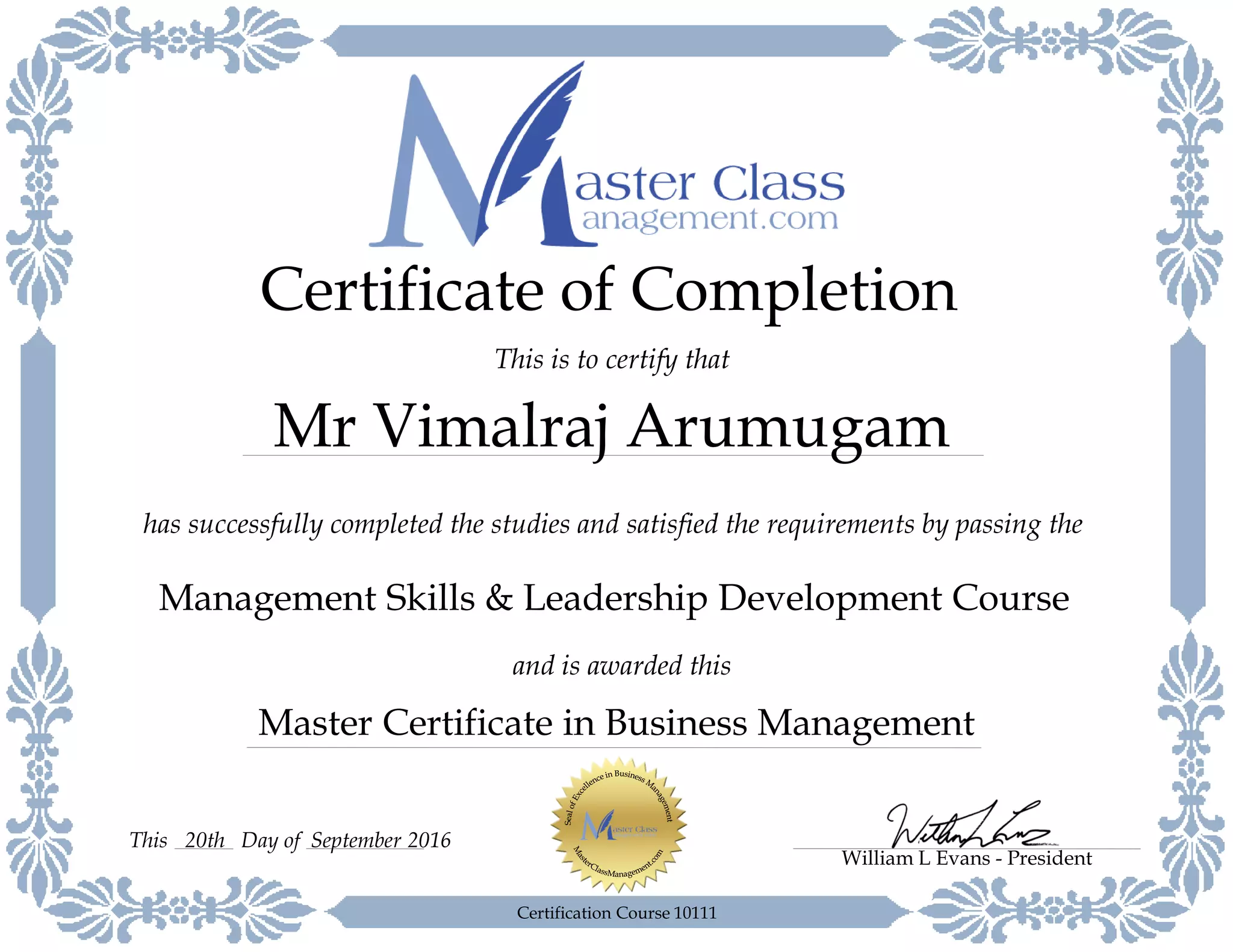MasterClassManagement Certificate - Mr Vimalraj Arumugam | PDF