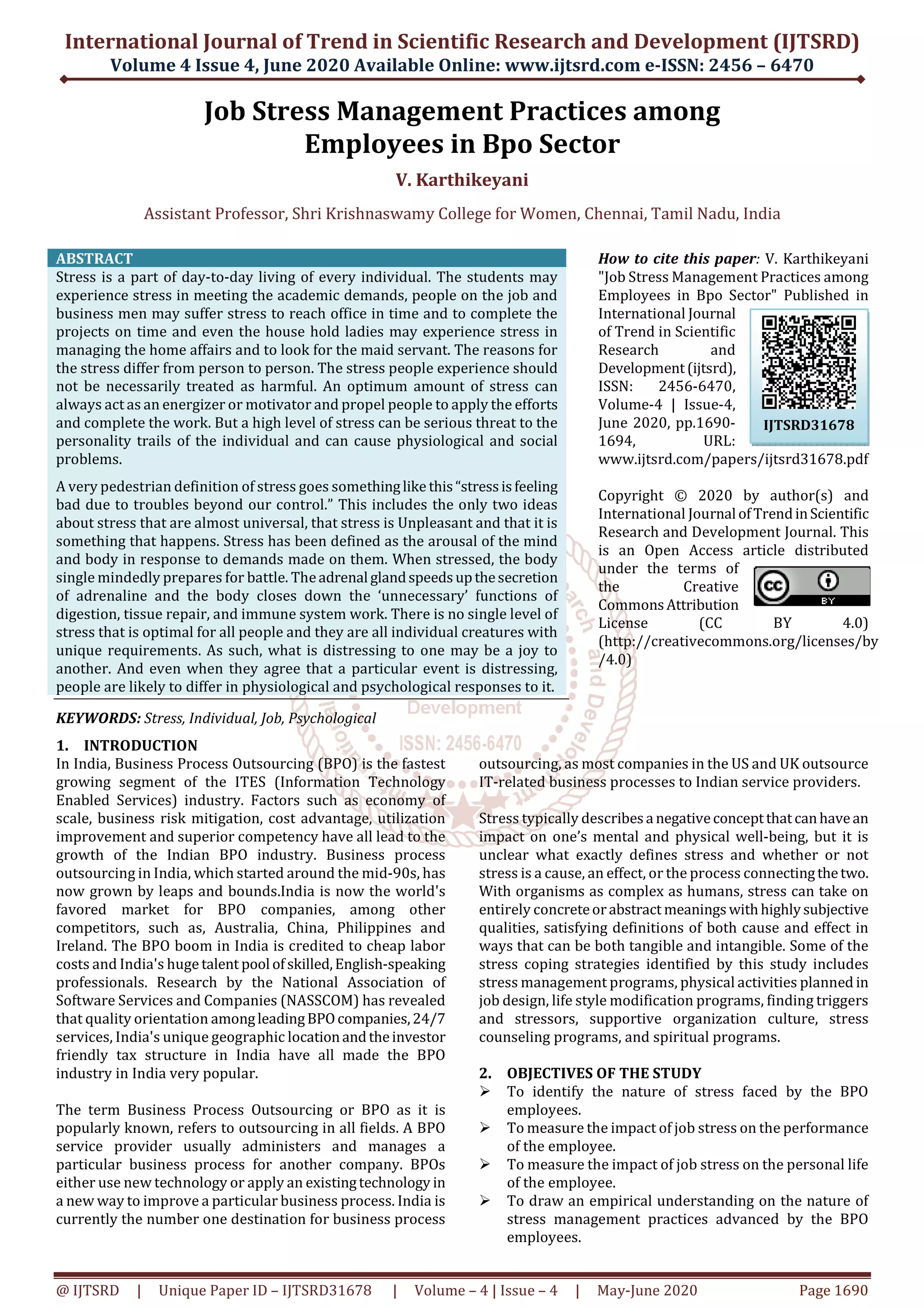 Job Stress Management Practices among Employees in Bpo Sector | PDF