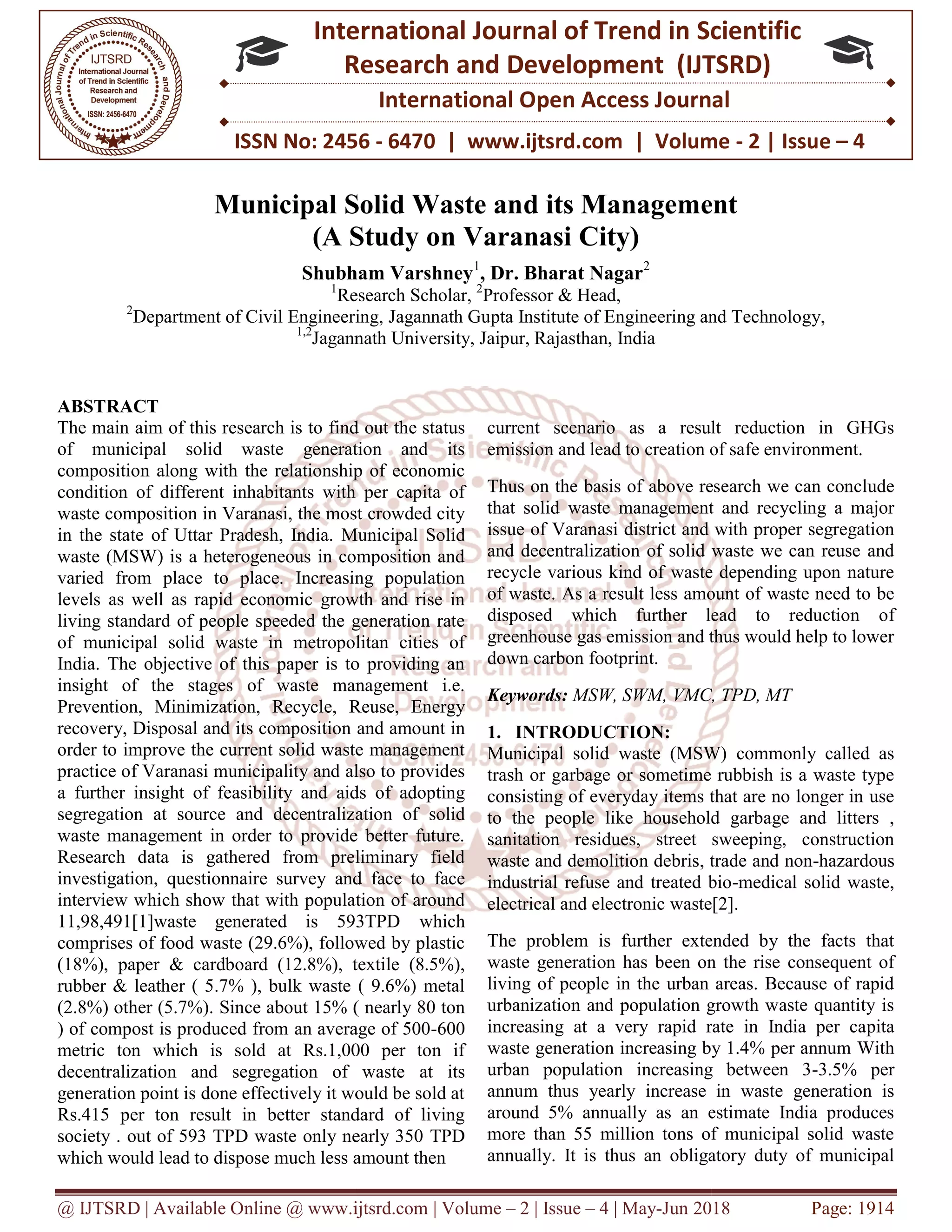 Municipal Solid Waste and its Management (A Study on Varanasi City) | PDF