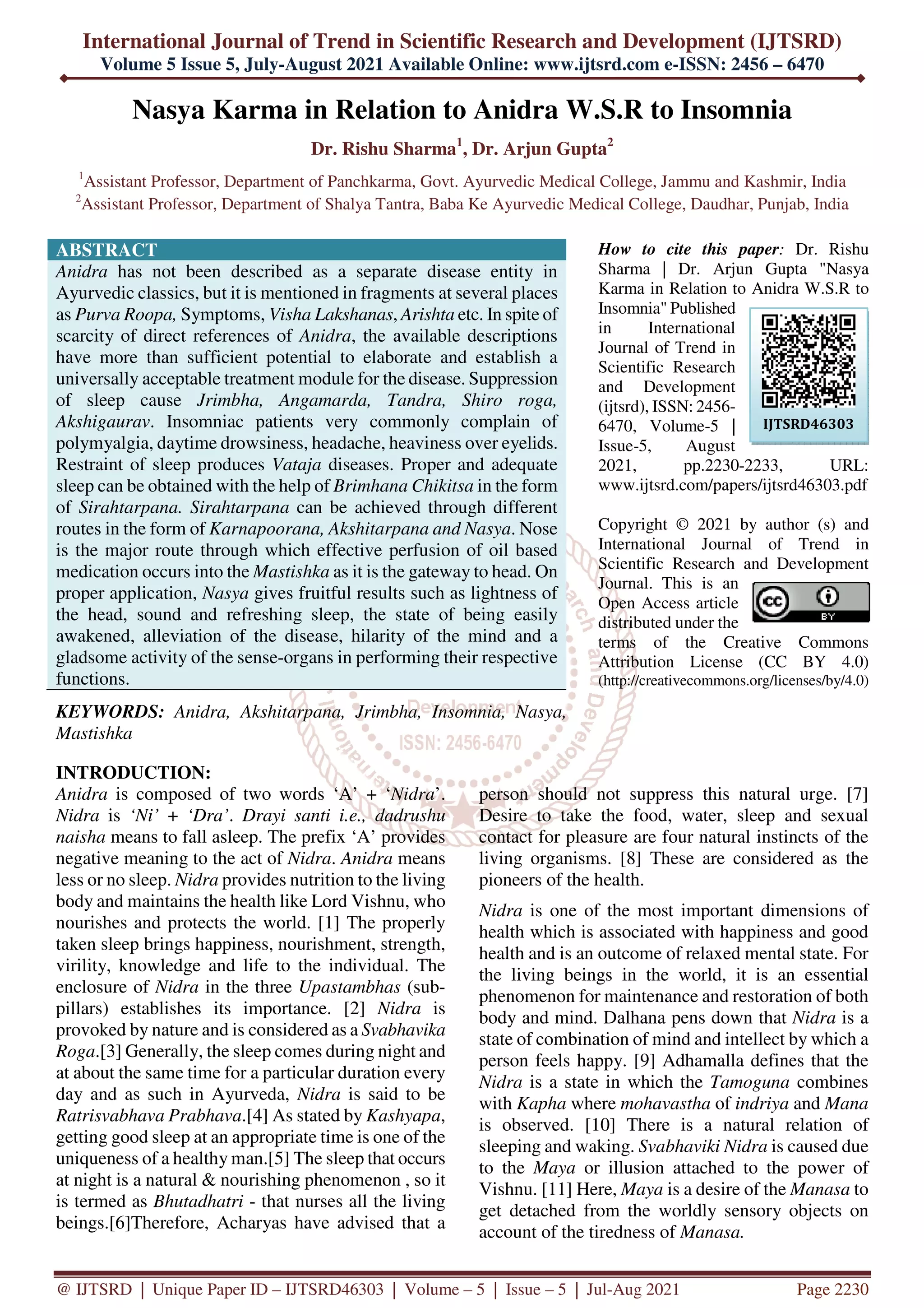 Nasya Karma in Relation to Anidra W.S.R to Insomnia | PDF
