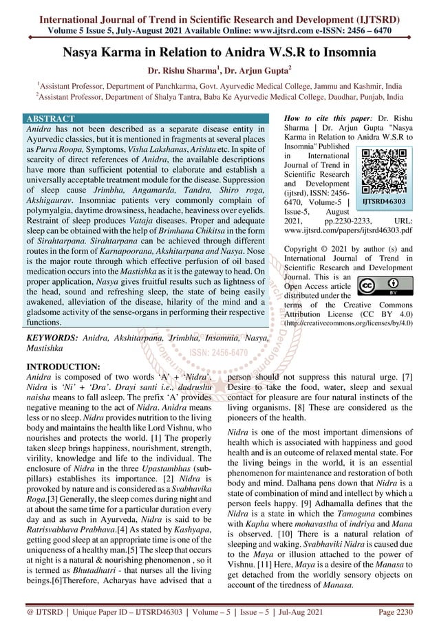 Nasya Karma in Relation to Anidra W.S.R to Insomnia | PDF | Ear, Nose ...