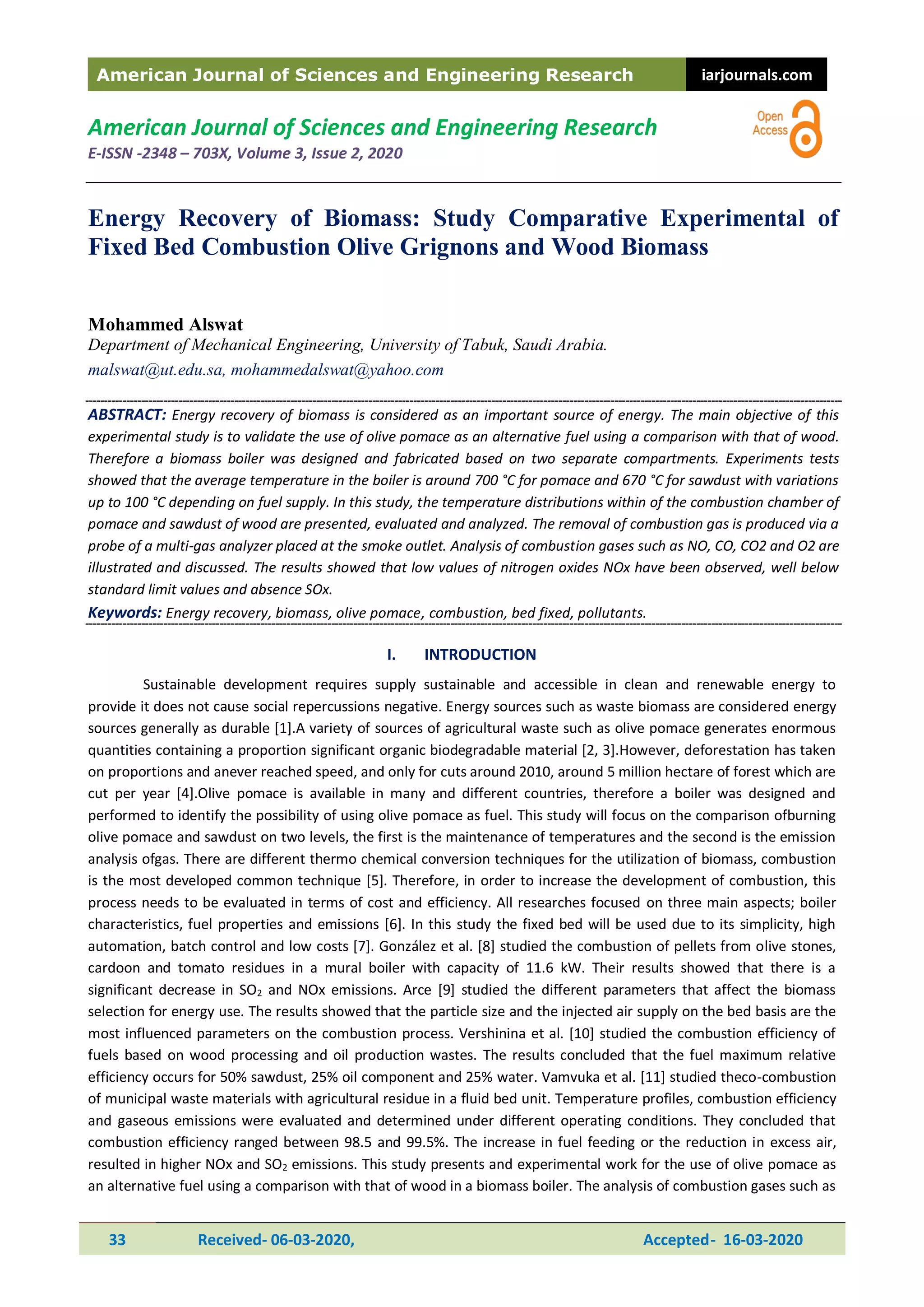 Energy Recovery of Biomass: Study Comparative Experimental of Fixed Bed ...