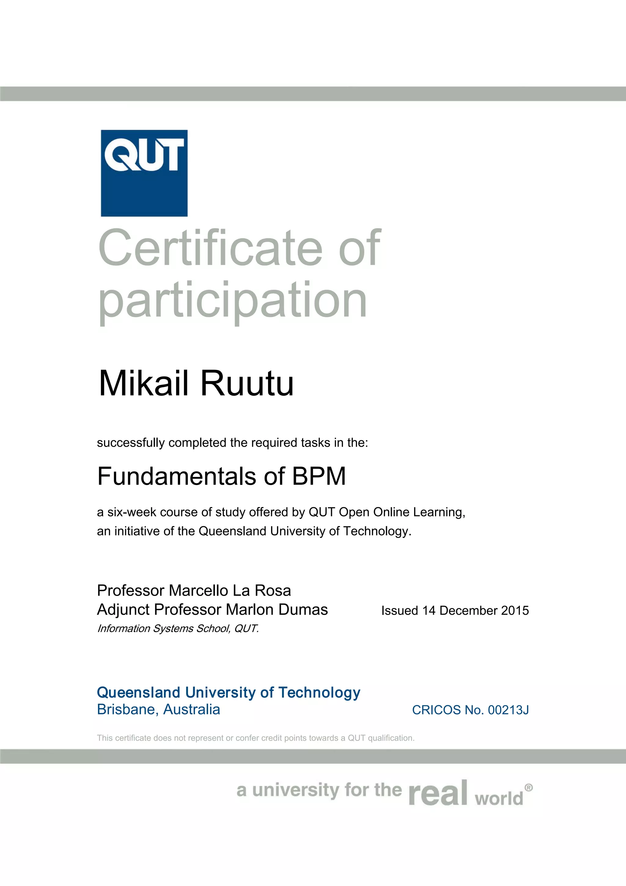 QUT Fundamentals of BPM Course Certificate 2015 | PDF