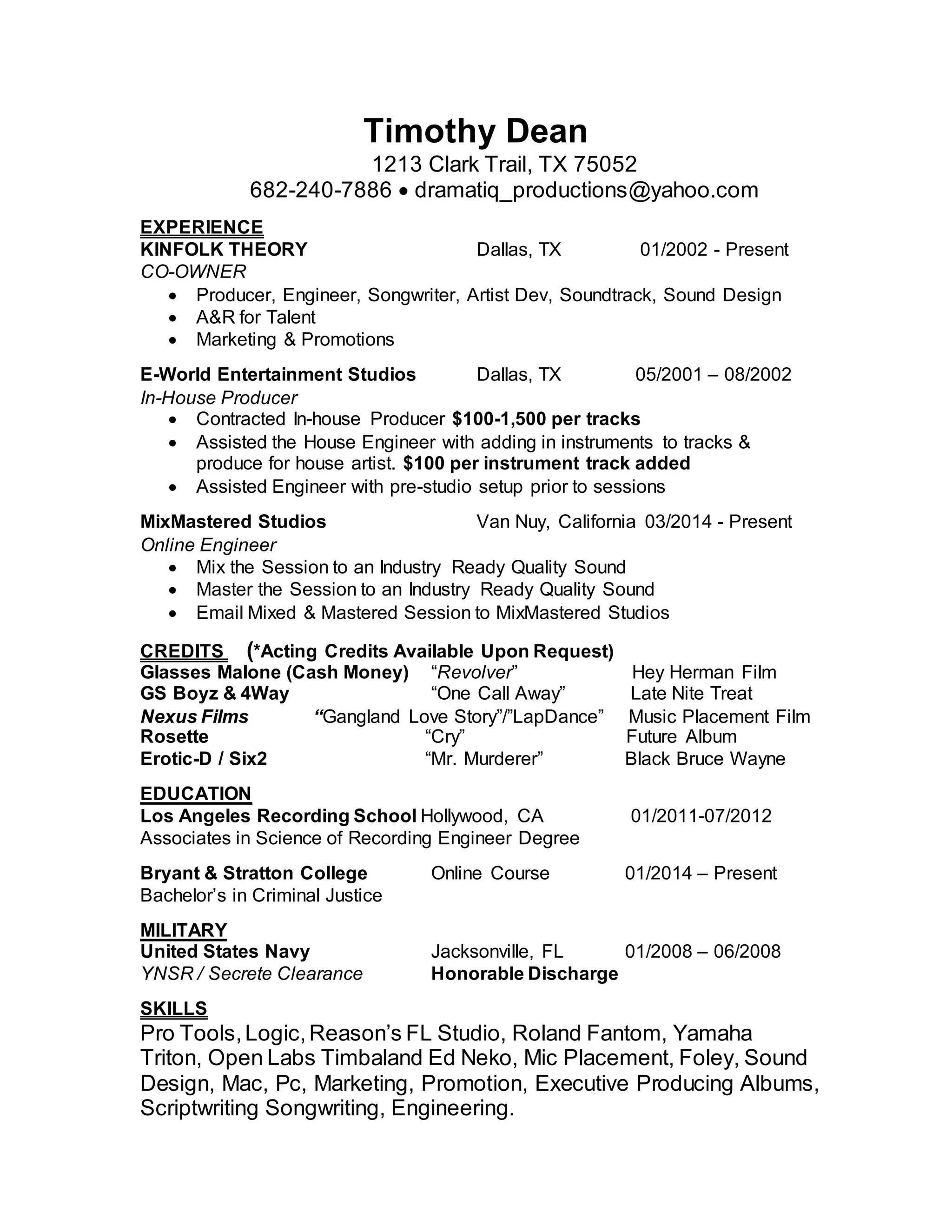 Tim Dean Producer Resume | PDF