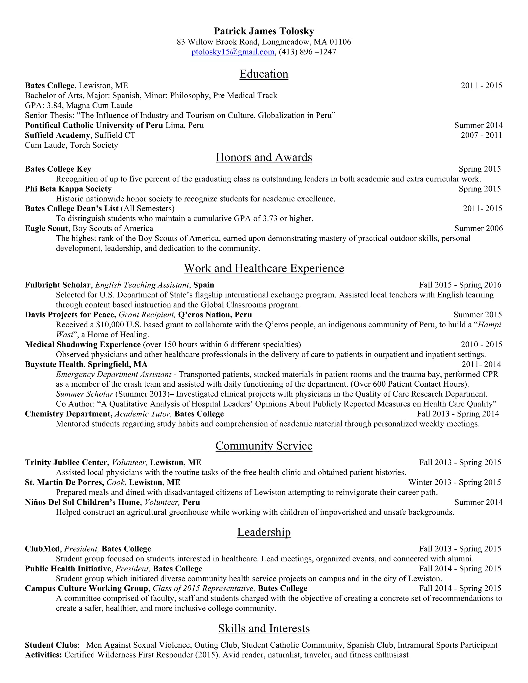 Tolosky, Patrick. Resume Medical School Application Cycle 2016. Final ...