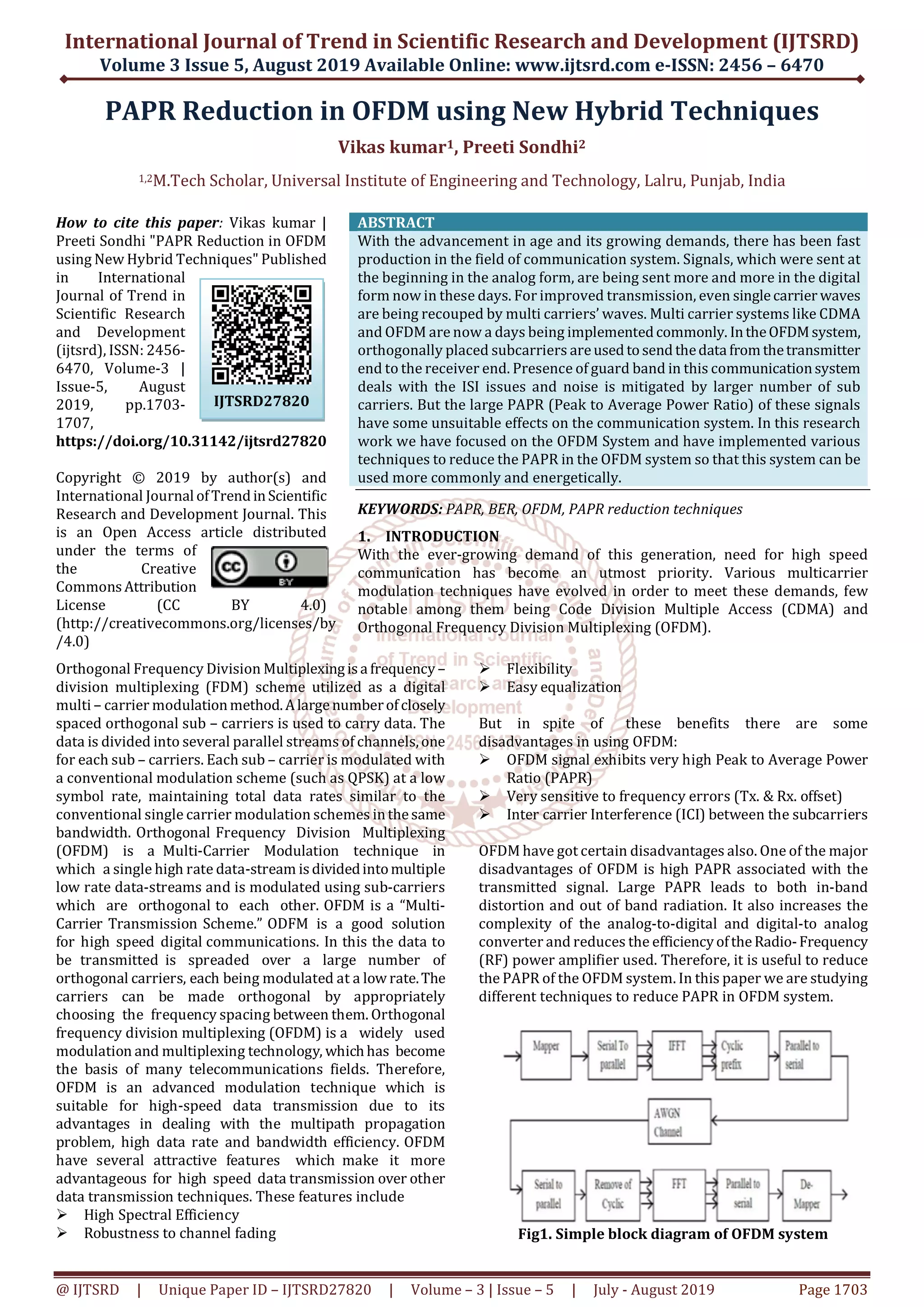 Papr Reduction In Ofdm Using New Hybrid Techniques Pdf