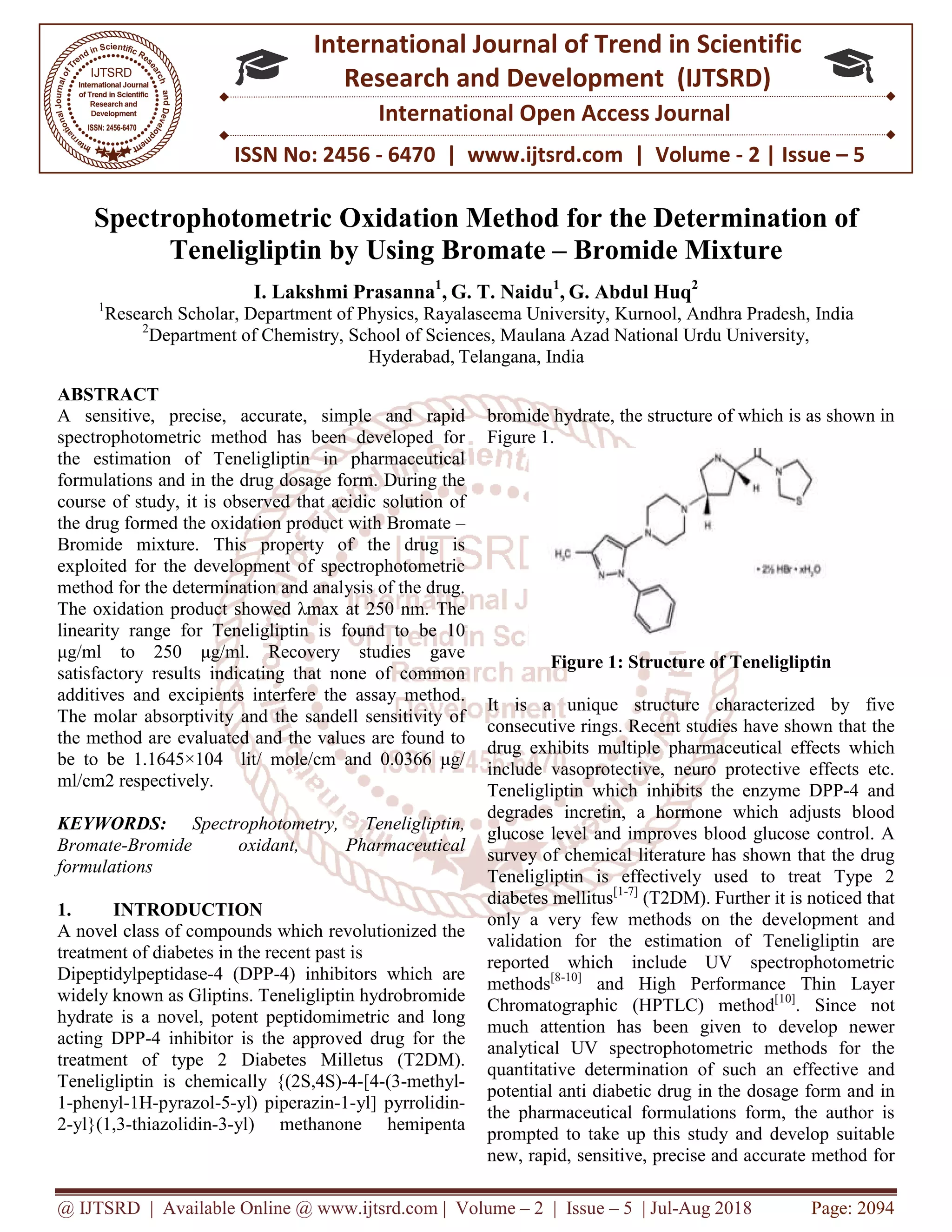 Spectrophotometric Oxidation Method For The Determination Of Teneligliptin By Using Bromate