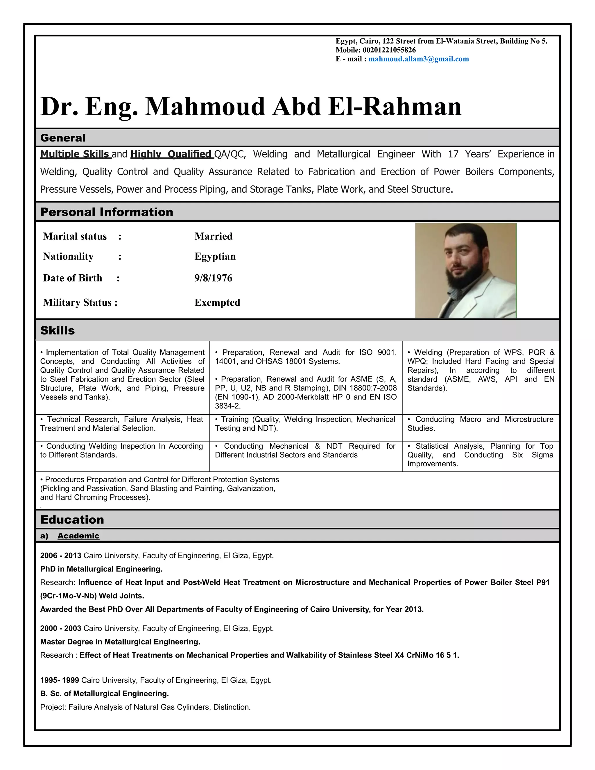 CV of Dr Eng Mahmoud Allam 2016 | PDF