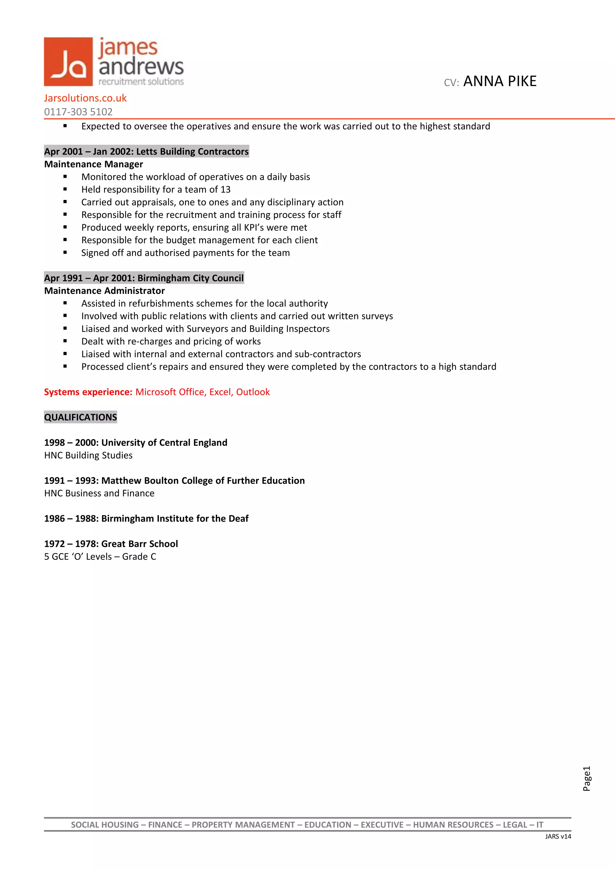 Anna Pike - Current CV | PDF