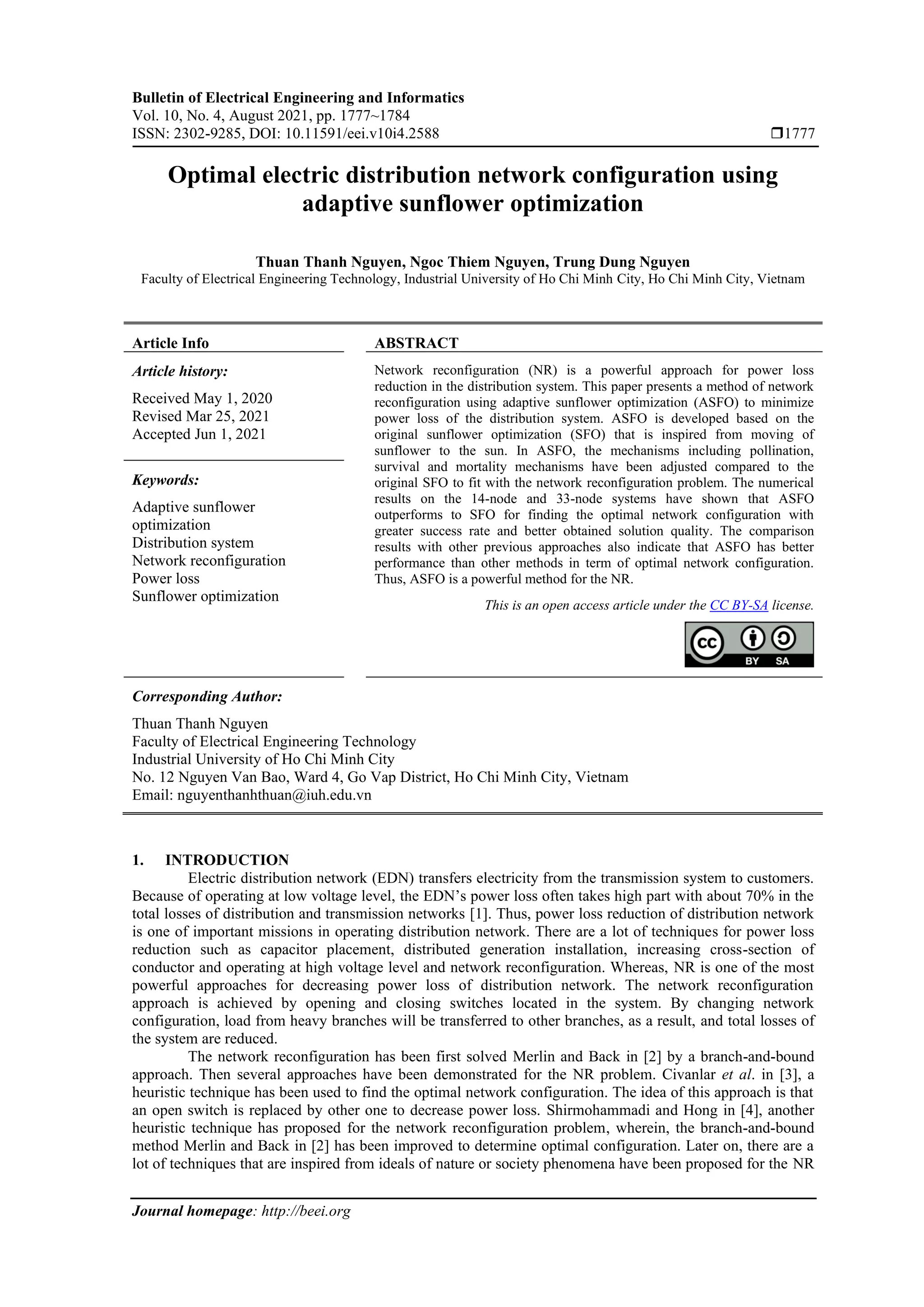 Optimal Electric Distribution Network Configuration Using Adaptive Sunflower Optimization Pdf