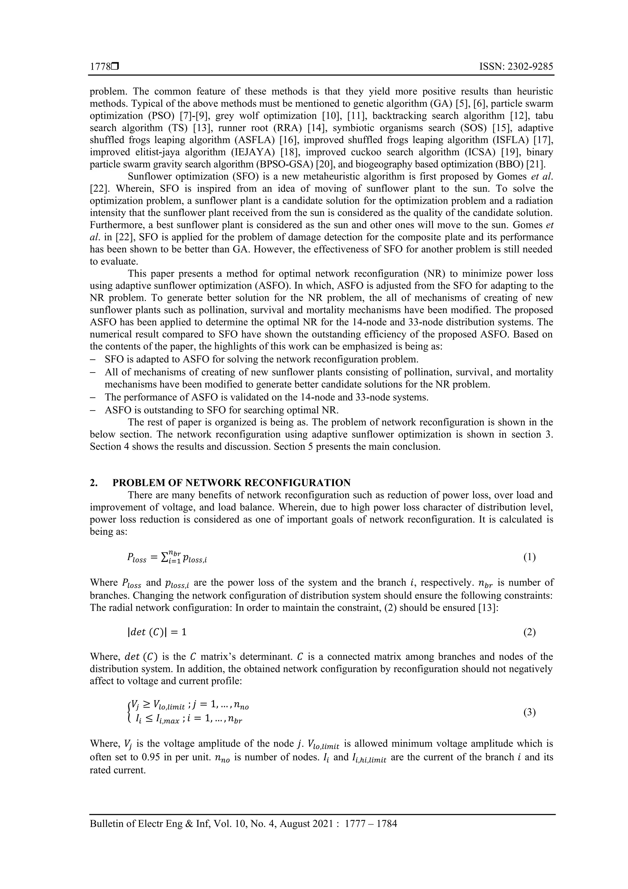 Optimal Electric Distribution Network Configuration Using Adaptive
