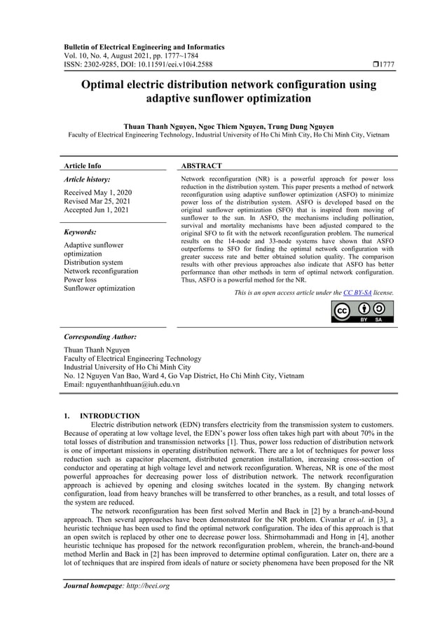 Optimal Electric Distribution Network Configuration Using Adaptive Sunflower Optimization Pdf