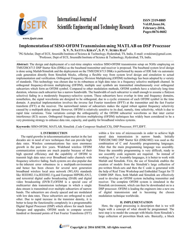 Implementation of SISO-OFDM Transmission using MATLAB on DSP Processor | PDF