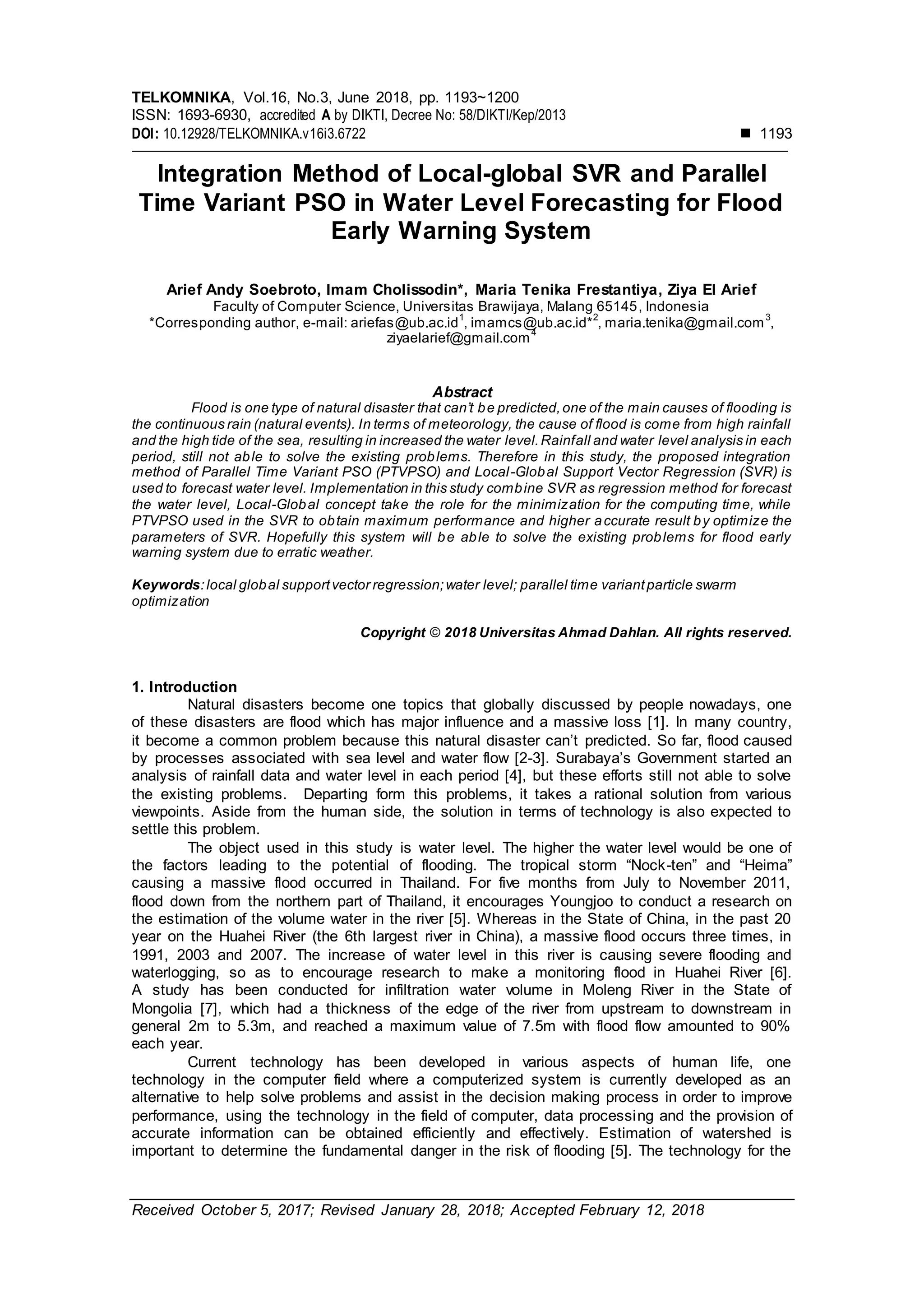 Integration Method of Local-global SVR and Parallel Time Variant PSO in Water Level Forecasting ...