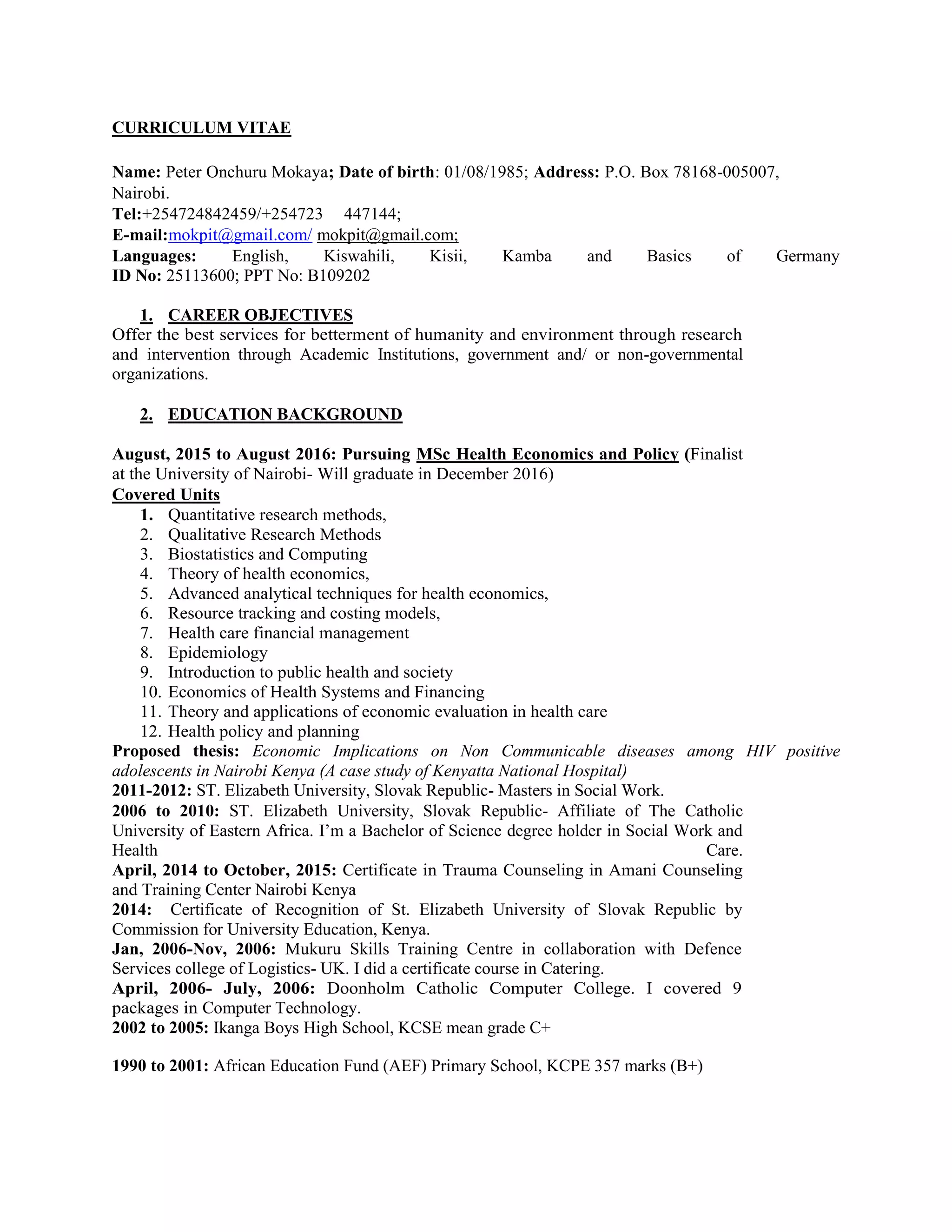 CURRICULUM VITAE Mokaya Onchuru Mokaya | PDF