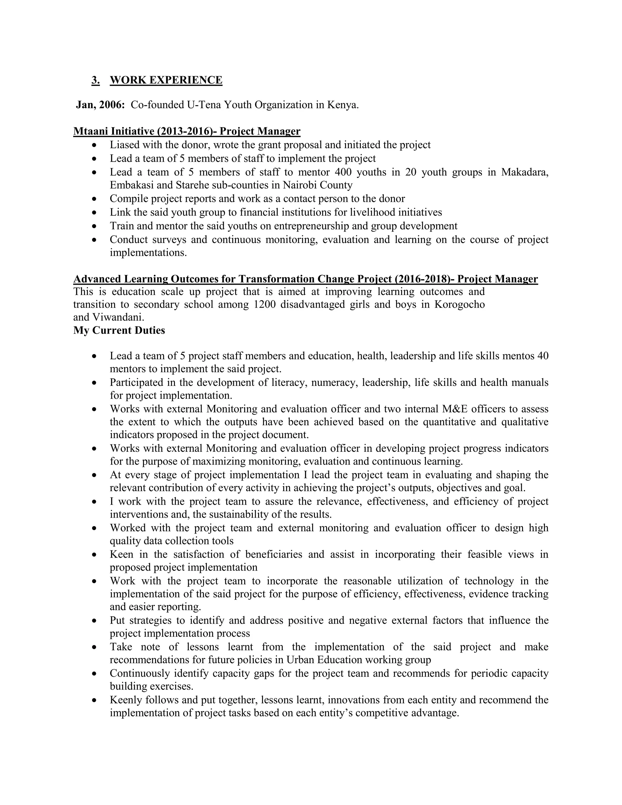 CURRICULUM VITAE Mokaya Onchuru Mokaya | PDF