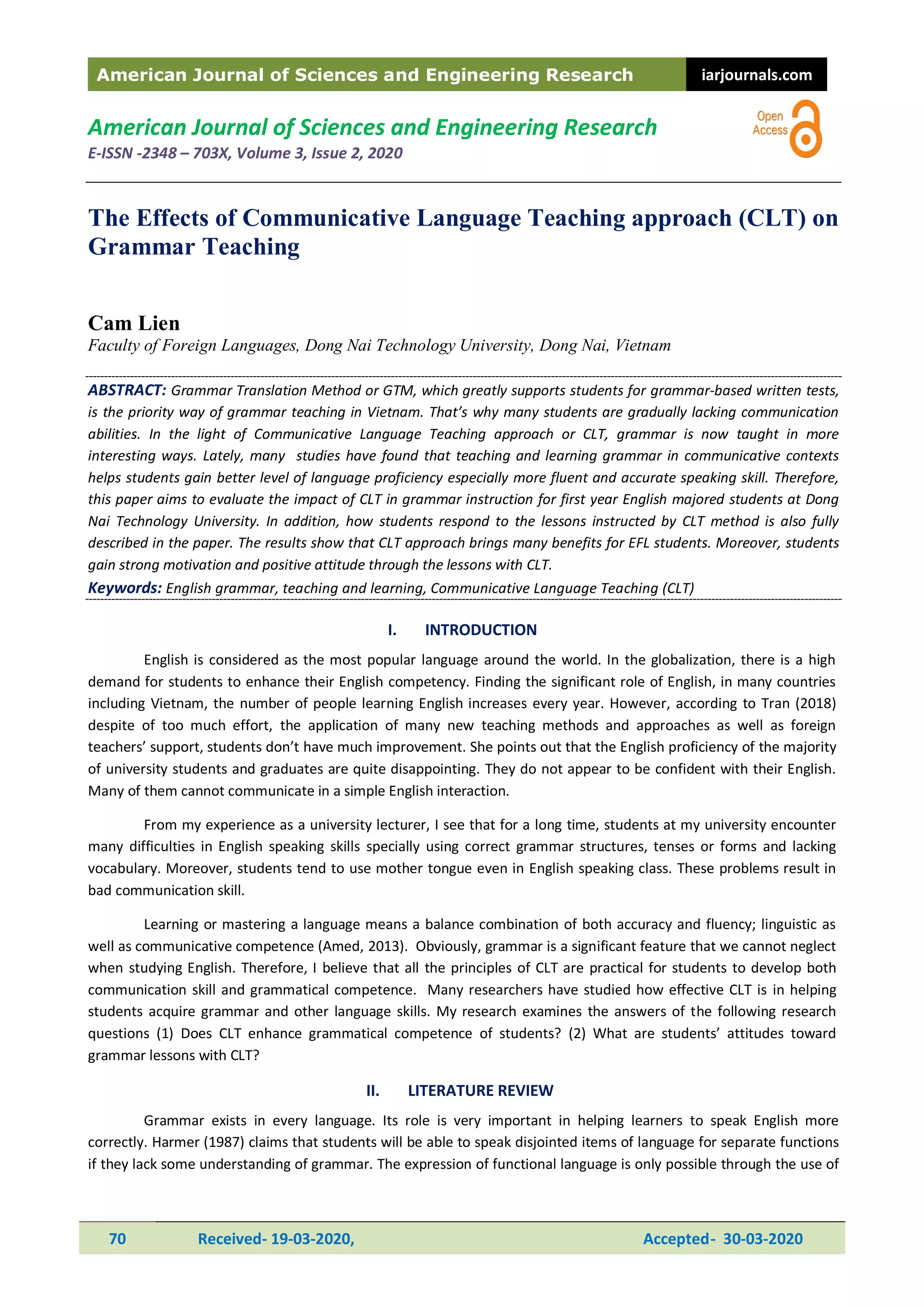 The Effects of Communicative Language Teaching approach (CLT) on Grammar Teaching | PDF | Education