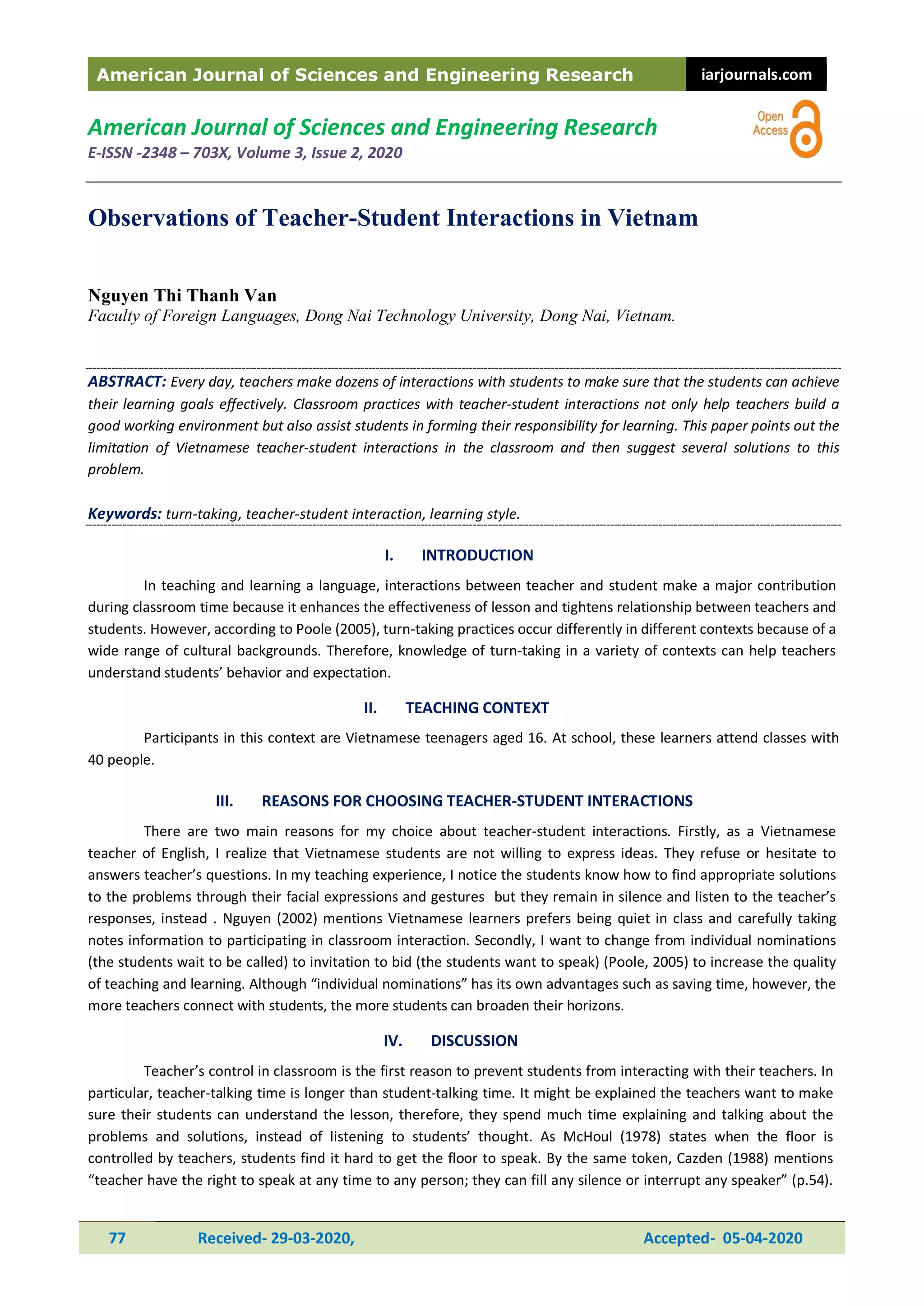 Observations of Teacher-Student Interactions in Vietnam | PDF