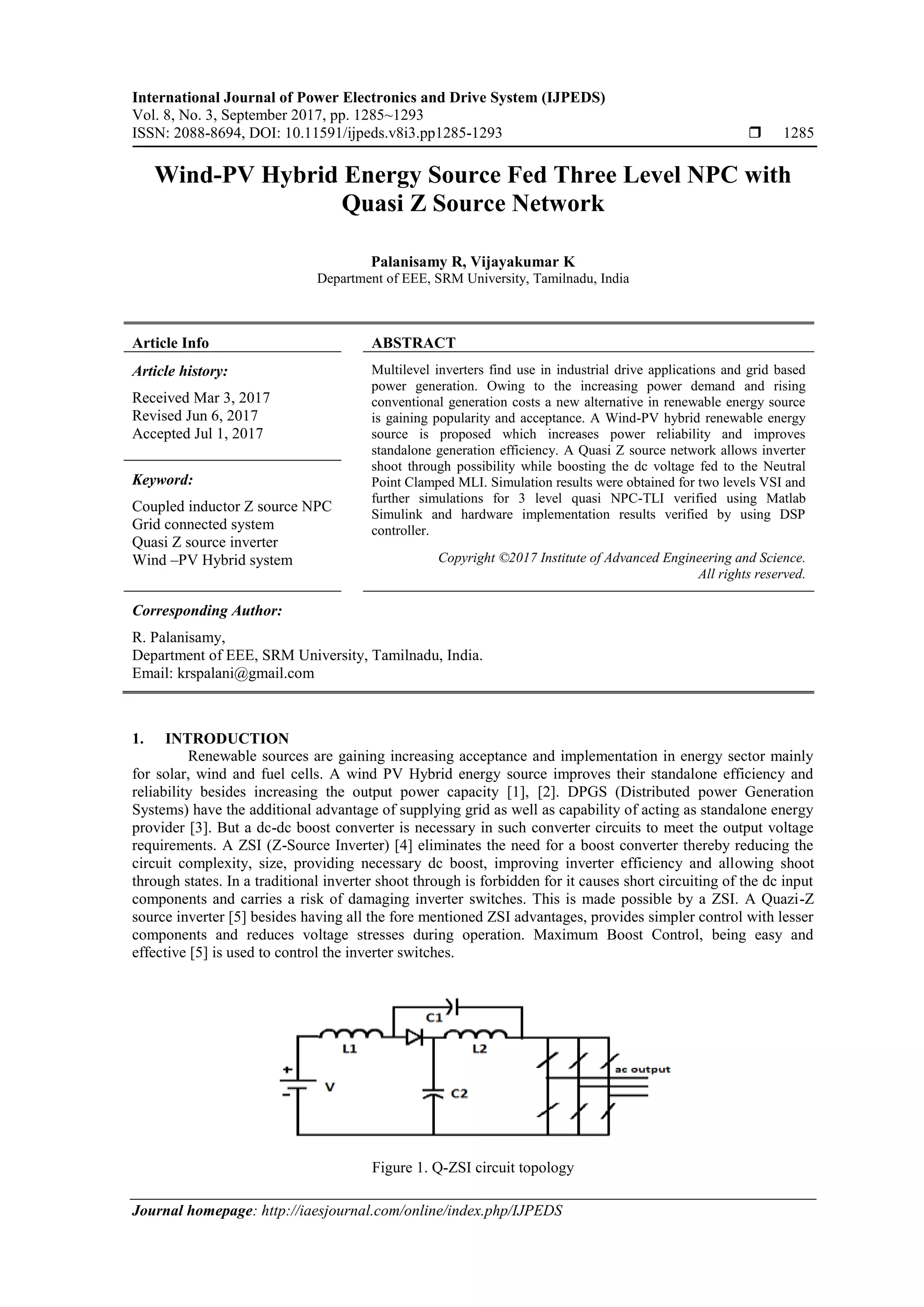 Wind-PV Hybrid Energy Source Fed Three Level NPC with Quasi Z Source Network | PDF