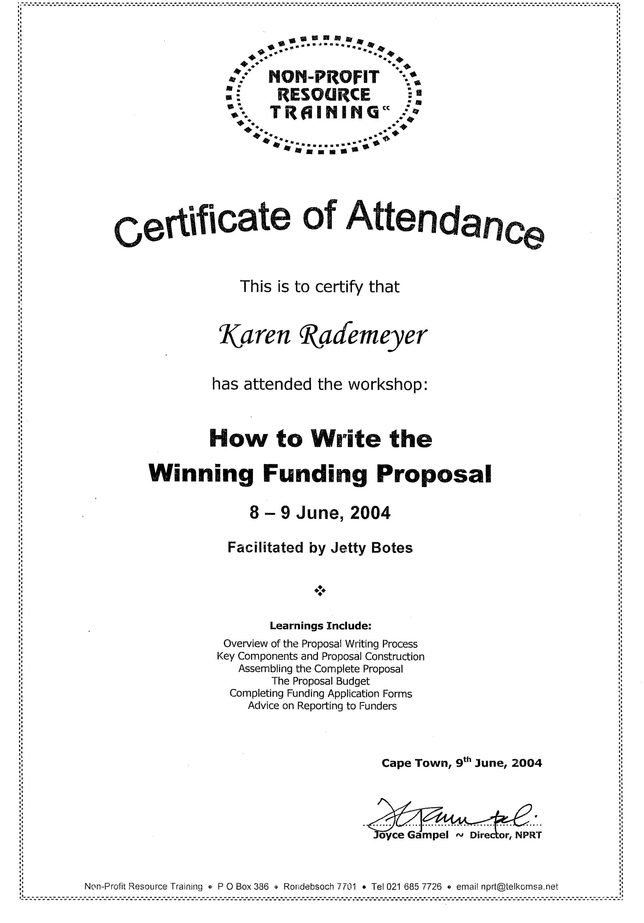 K. Rademeyer Proposal Writing Certificate 2004 | PDF